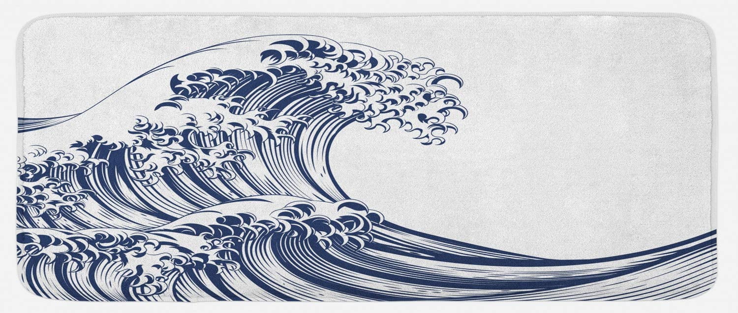 Japanese Wave Kitchen Mat, Oriental Vintage Wave Monochrome Kanagawa ...
