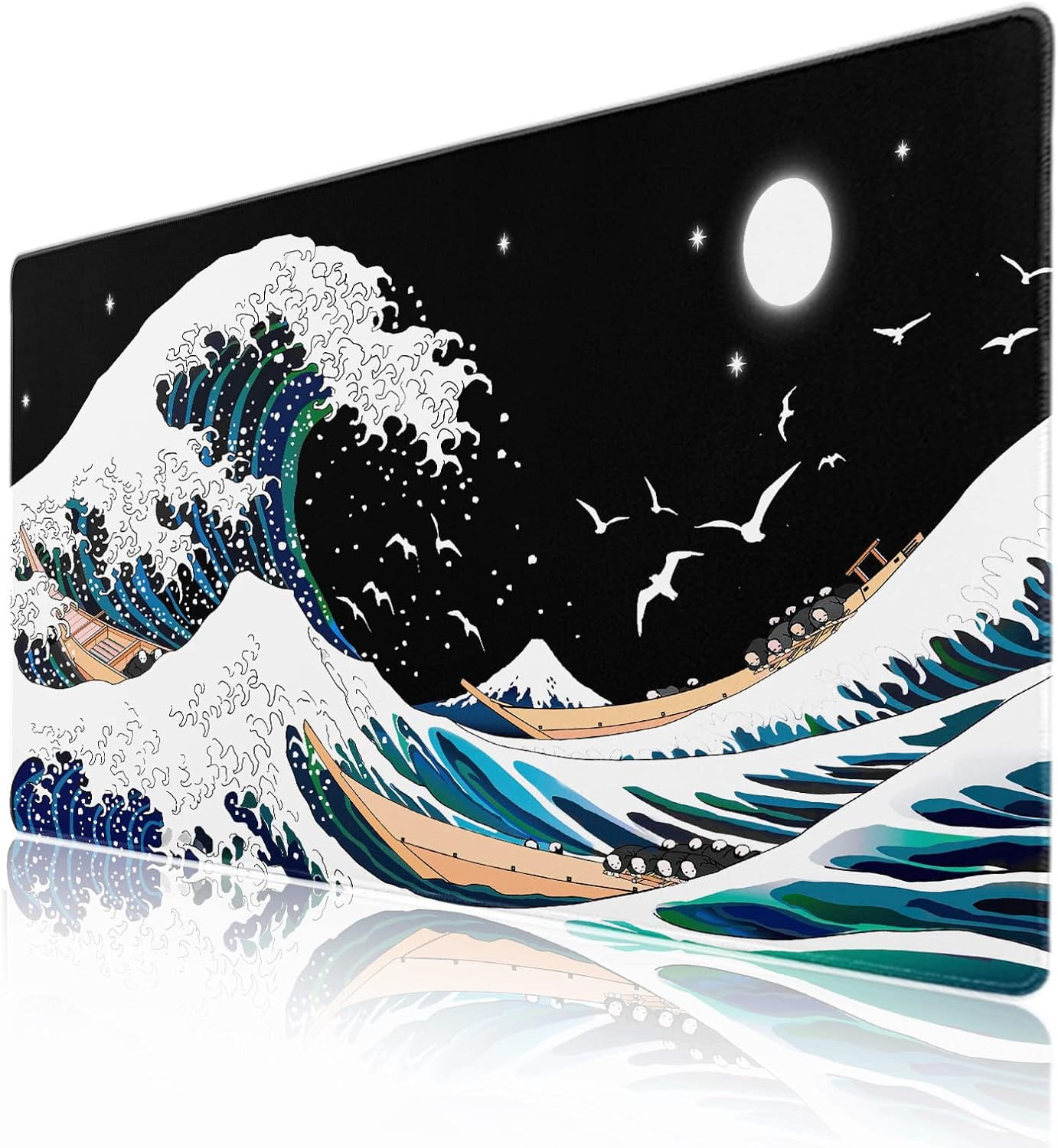 Japanese Wave Mouse Pad XXL Black Blue Sea Aesthetic Moon Extended Desk ...