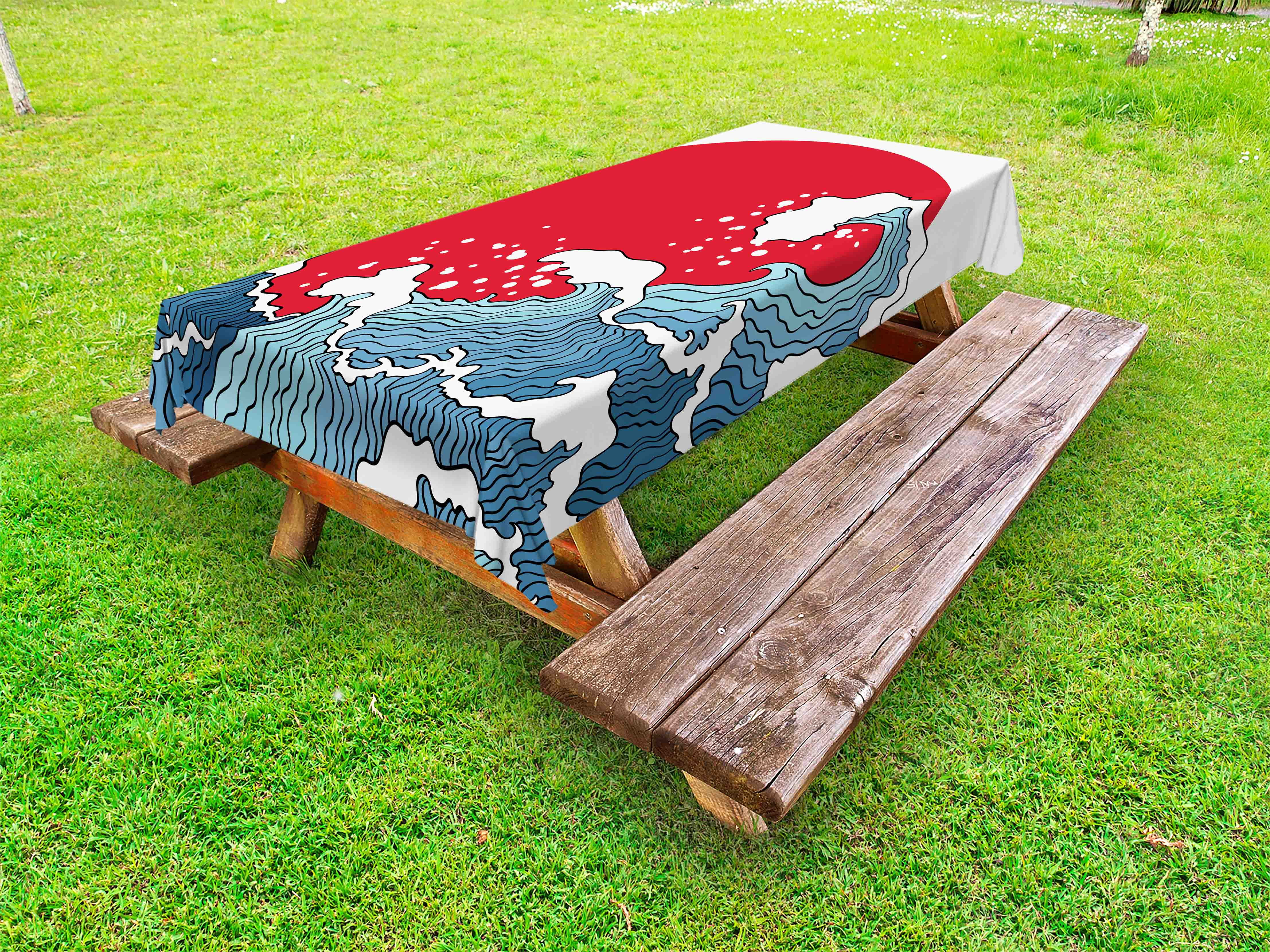 Japanese Wave Outdoor Tablecloth, Big Red Sun Setting Scenery Tropical ...