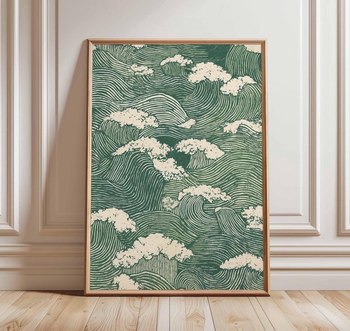 Japanese Wave Pattern Poster, Traditional Green Ocean Print, Unframed ...