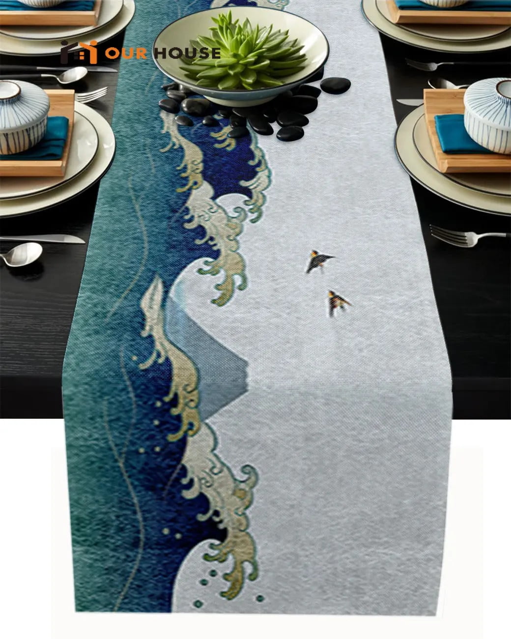 Japanese Wave Pattern Style Mats Table Runner for Coffee Home Kitchen ...