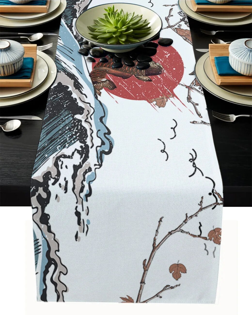Japanese Wave Pattern Style Mats Table Runner for Coffee Home Kitchen ...