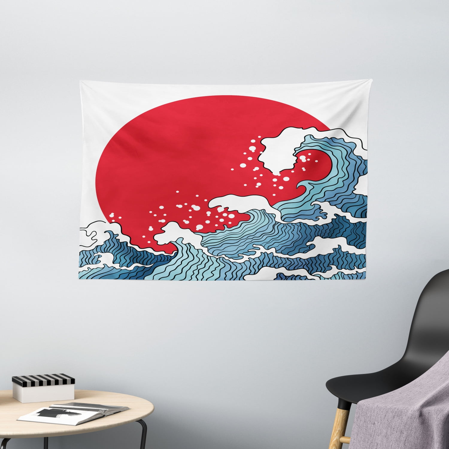 Japanese Wave Tapestry, Big Red Sun Setting Scenery Tropical Nautical ...