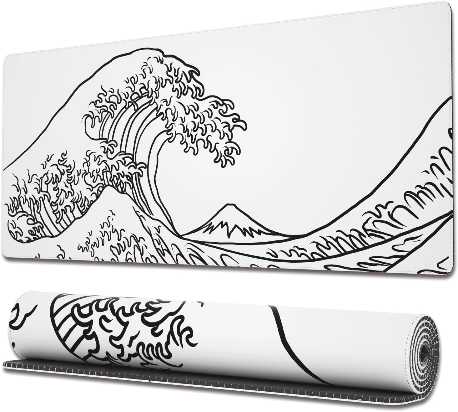 Japanese Wave White Gaming Mouse Pad - Extended XL Mousepad with Anti ...