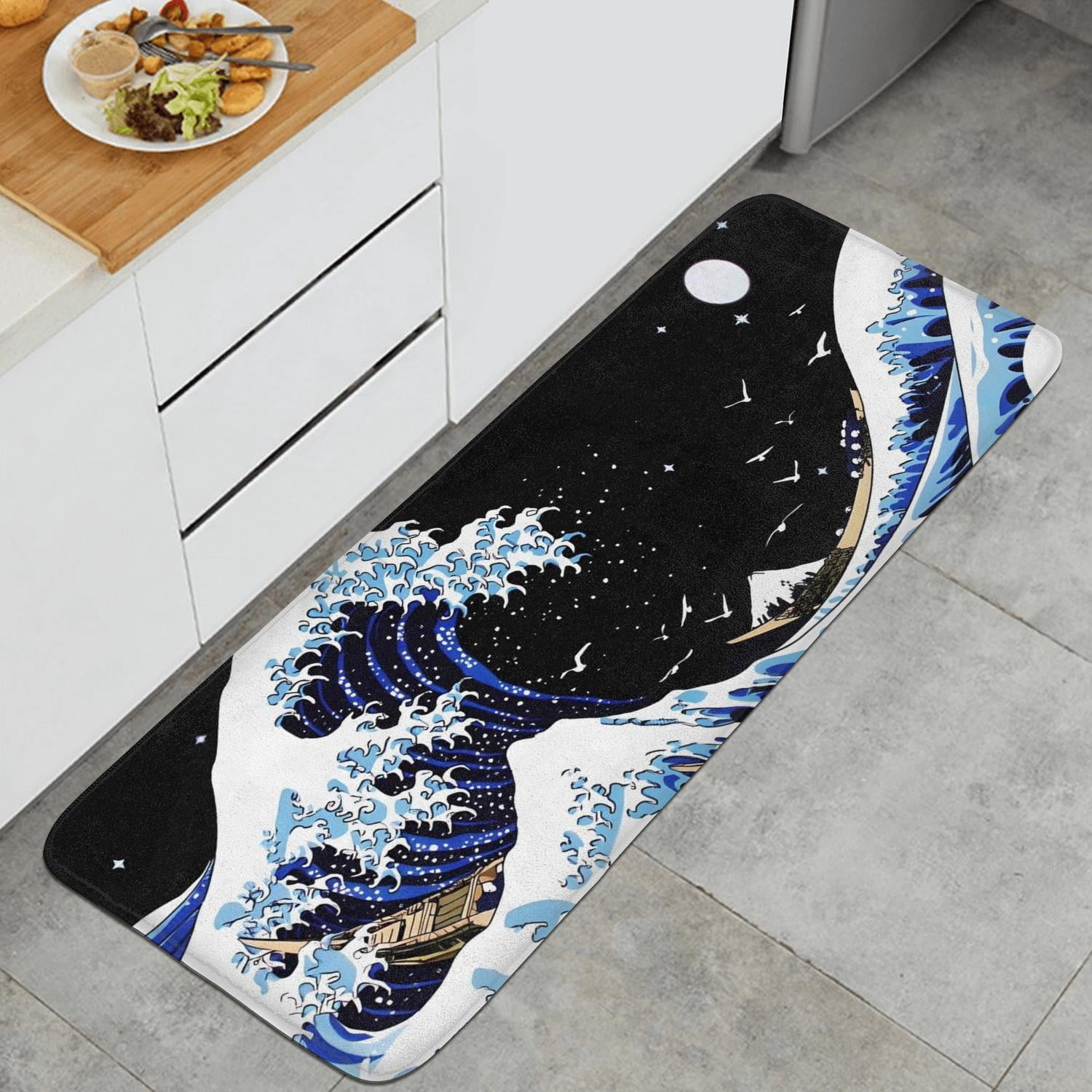 Japanese Waves Flannel Kitchen Rug, Kitchen Rugs Mats with Dirty ...