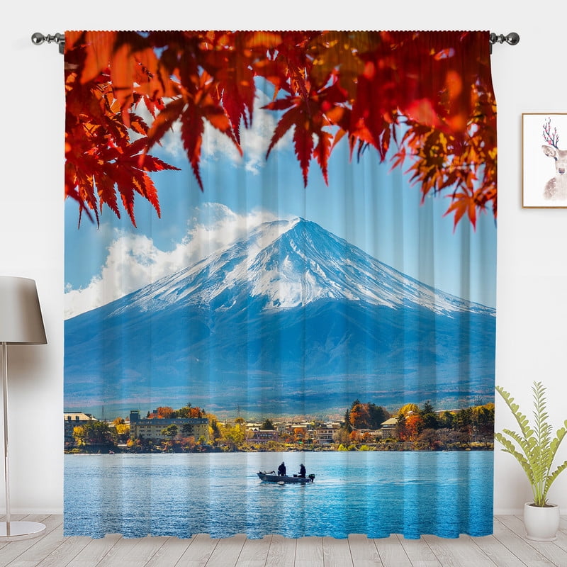 Japanese Window Curtains 3D style Maple leaf Mt.Fuji sky blue Modern ...