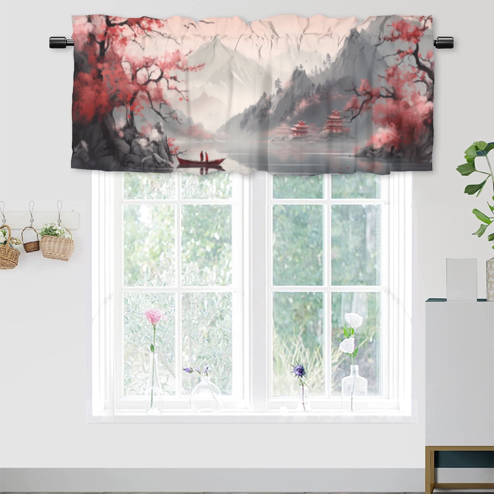 Japanese Window Curtains Valances Spring Red Cherry Blossom Tree ...