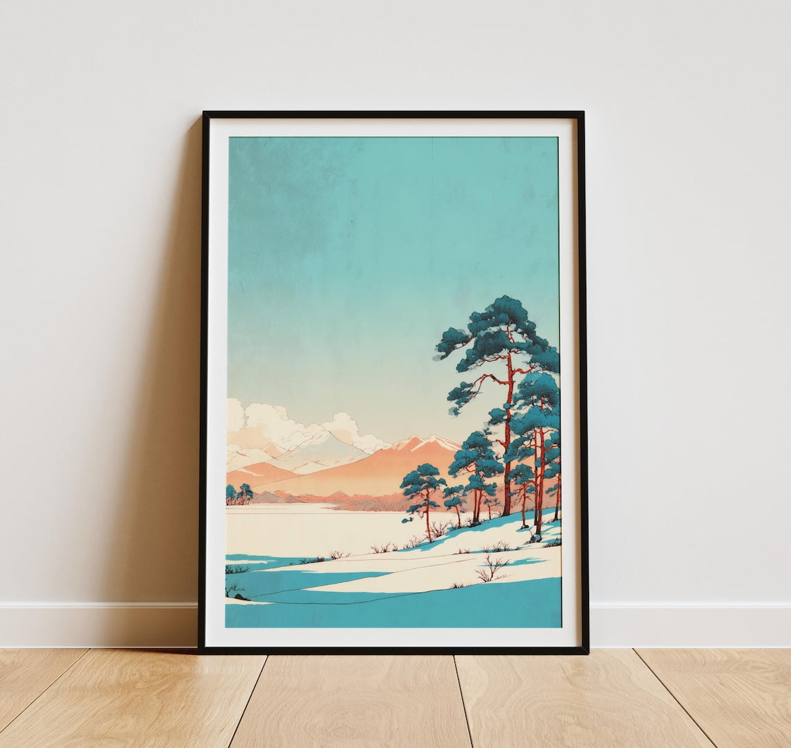 Japanese Winter Landscape Print, Japandi Snow Mountain Art Home Decor ...