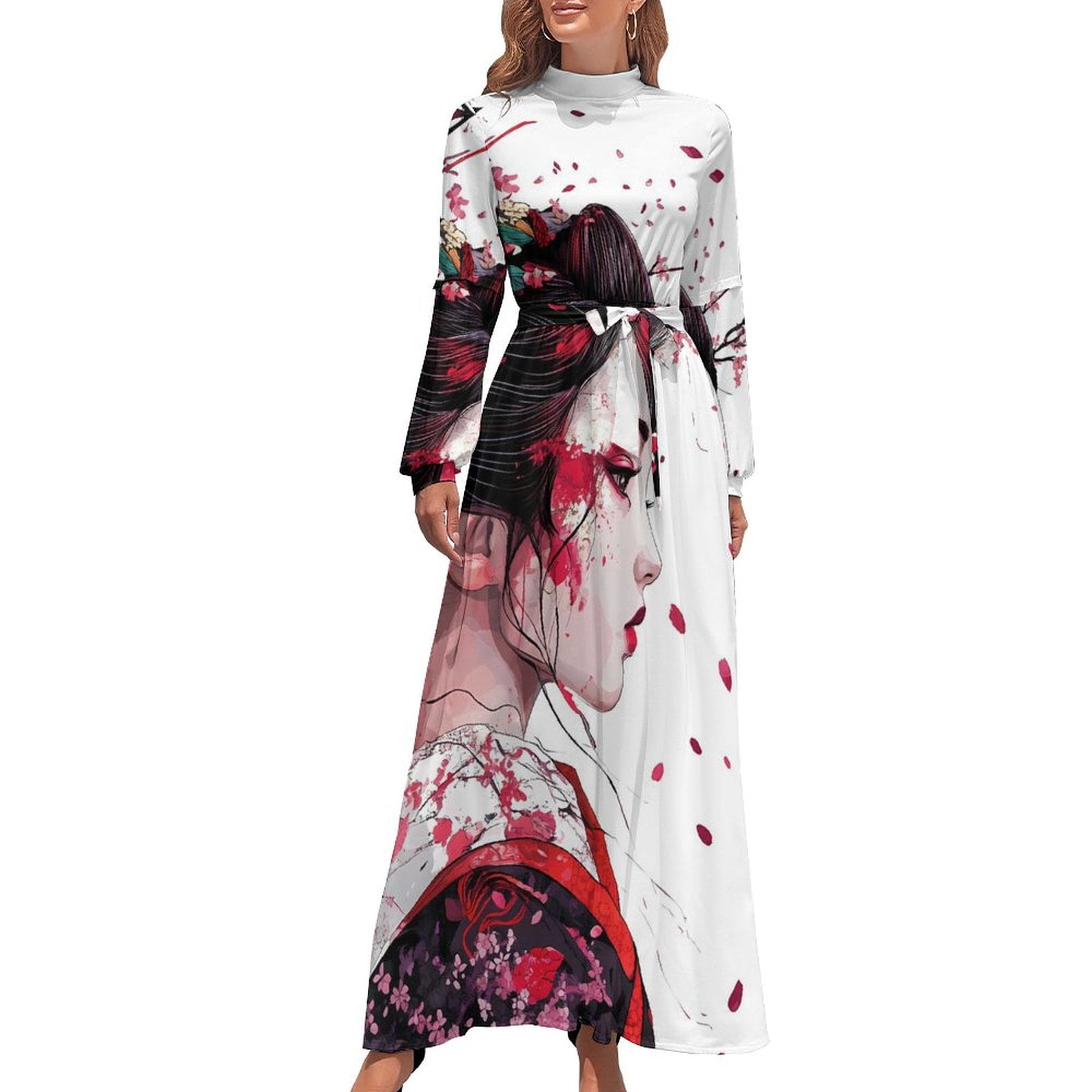Japanese Woman Geisha And Cherry Blossoms Women's Fall Maxi Dress Long ...