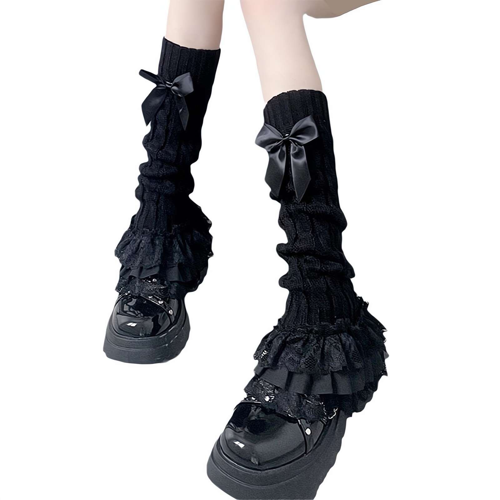 Japanese Women Cable Knitted Leg Warmer Bow Tiered Ruffled Lace Calf ...