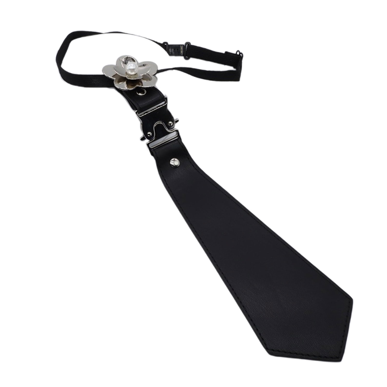 Japanese Women Faux Leather Black Necktie Gothic Punk Pearl Flower ...