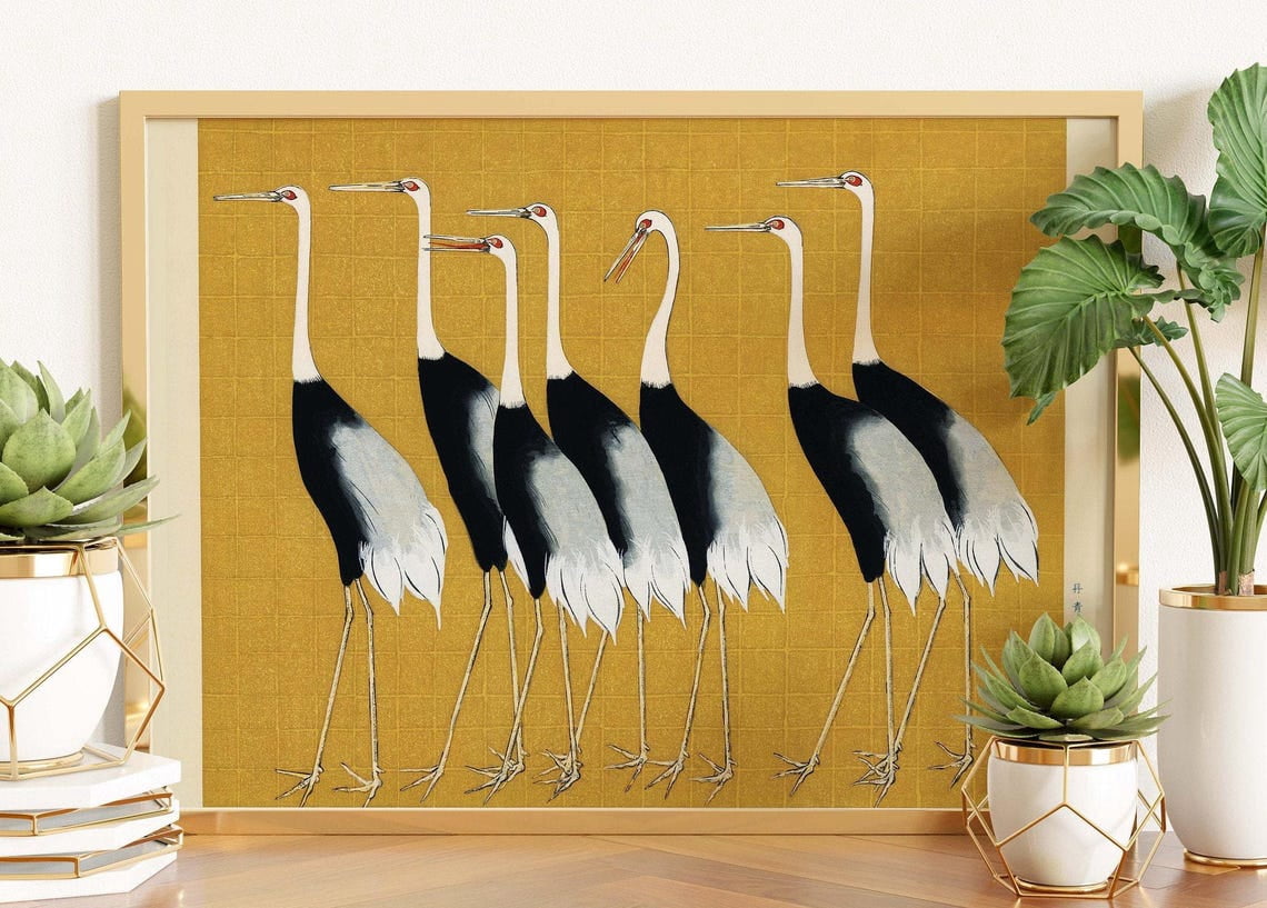 Japanese Woodblock Art Flock Of Japanese Red Crown Cranes By Ogata ...