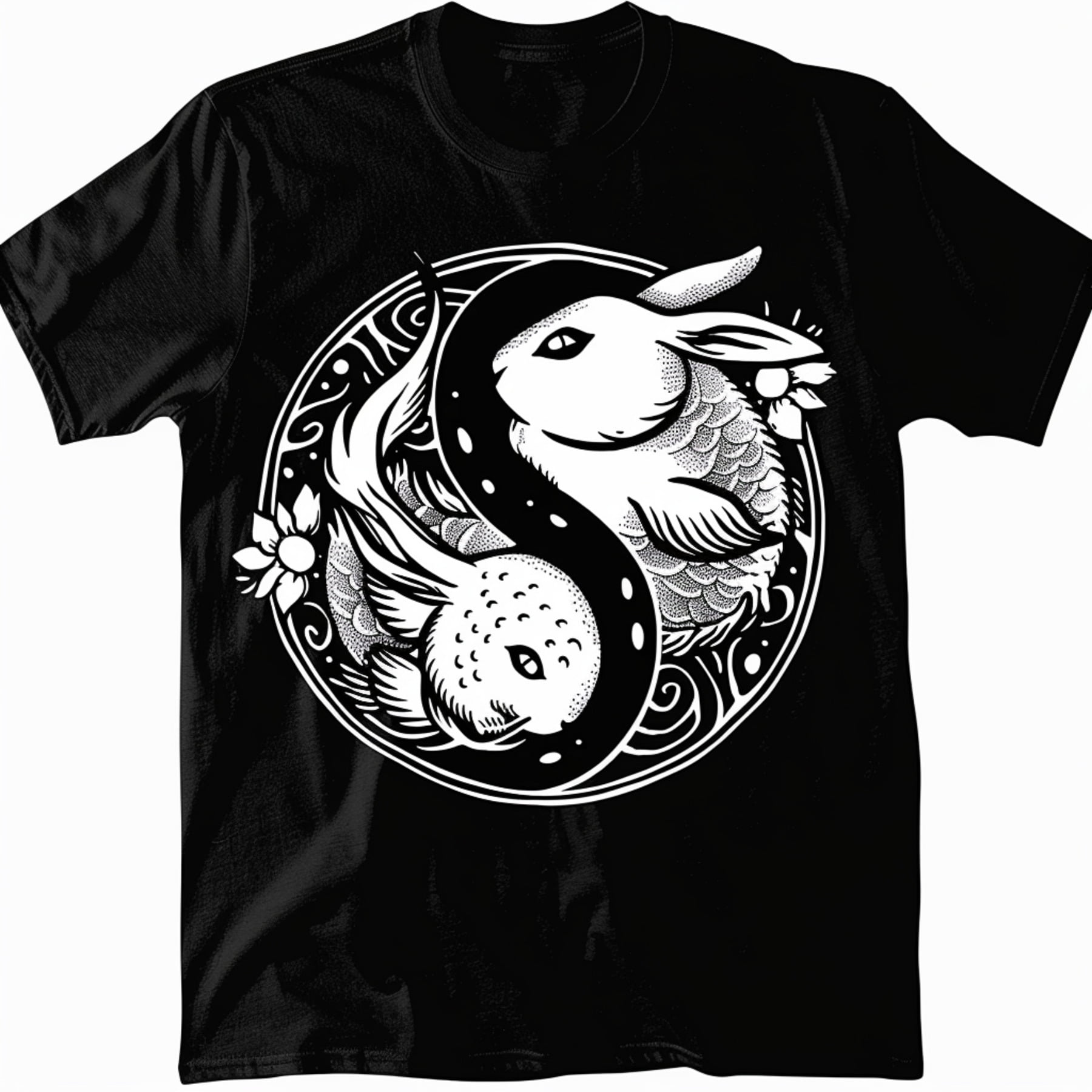 Japanese Zen Rabbit and Janus Fish Yin Yang Black TShirt Vector ...