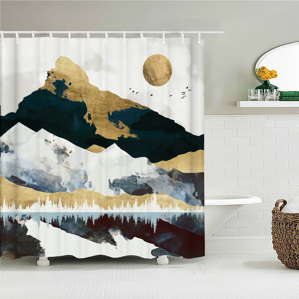 Japanese-style 3D Mount Fuji and Flower Print Shower Curtain With Hook ...