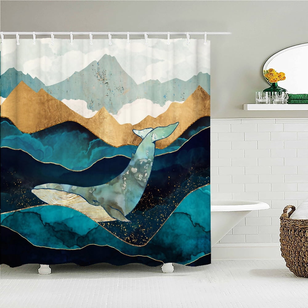 Japanese-style 3D Mount Fuji and Flower Print Shower Curtain With Hook ...