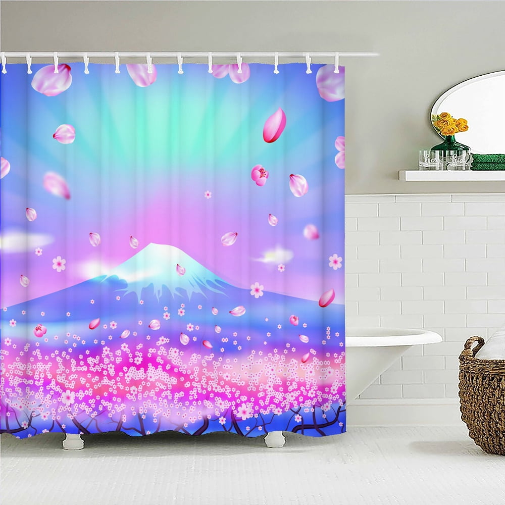 Japanese-style 3D Mount Fuji and Flower Print Shower Curtain With Hook ...