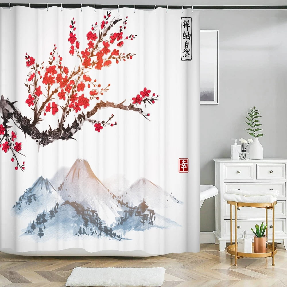 Japanese-style 3D Mount Fuji and Flower Print Shower Curtain With Hook ...