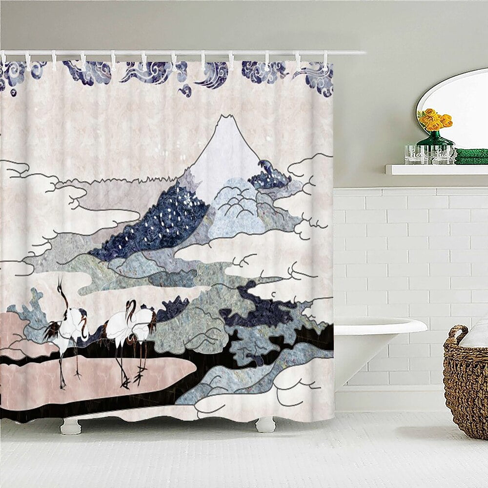 Japanese-style 3D Mount Fuji and Flower Print Shower Curtain With Hook ...