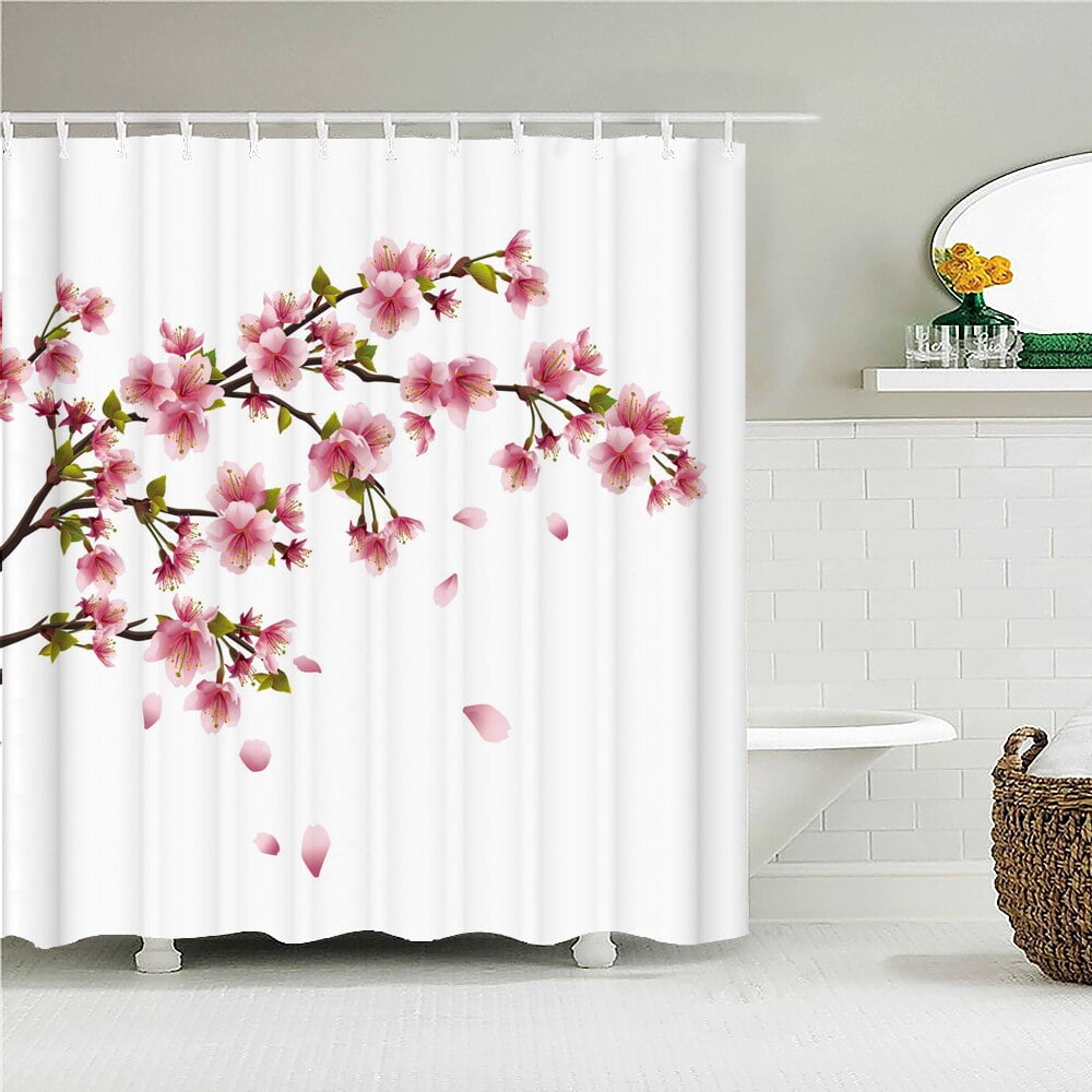 Japanese-style 3D Mount Fuji and Flower Print Shower Curtain With Hook ...