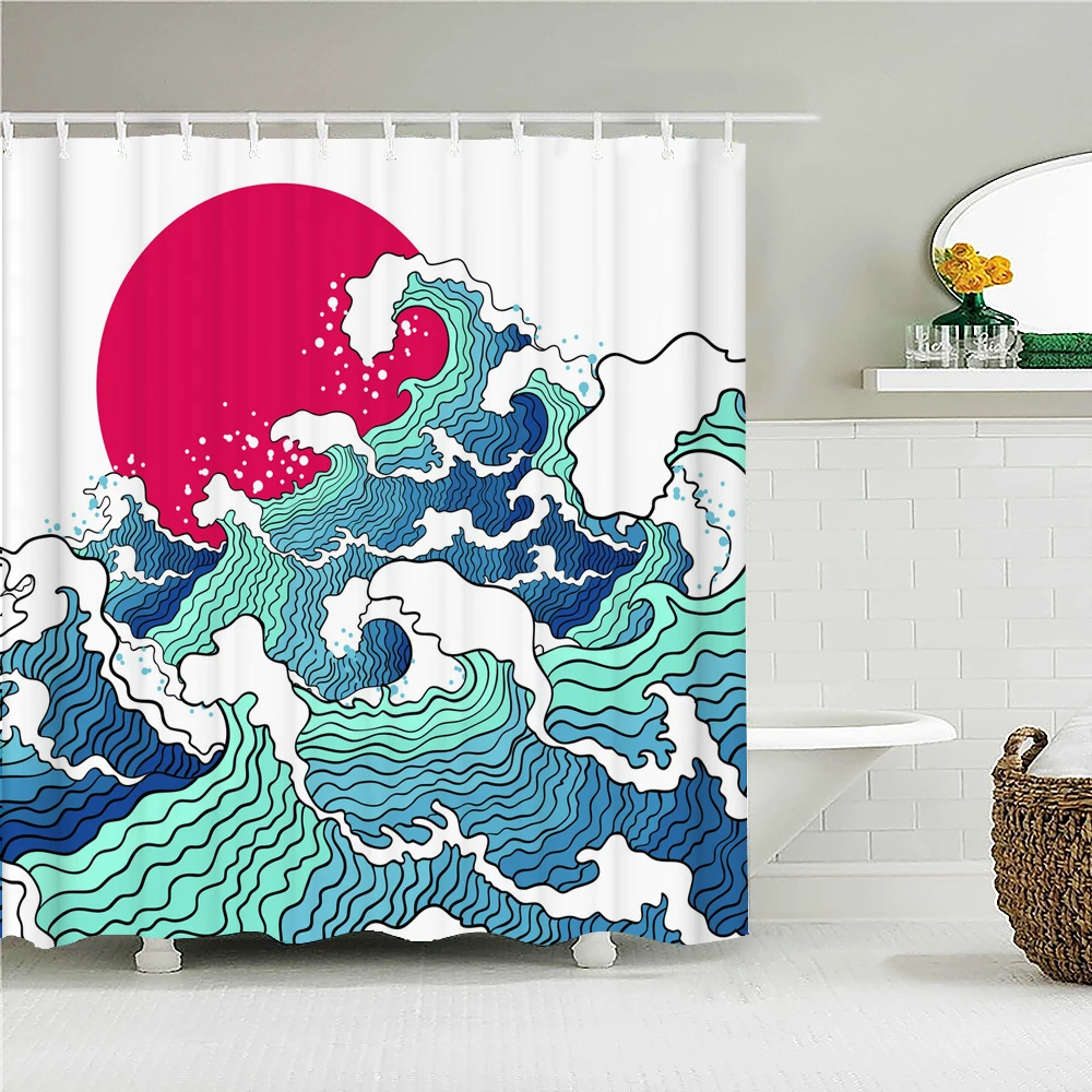 Japanese-style 3D Mount Fuji and Flower Print Shower Curtain With Hook ...
