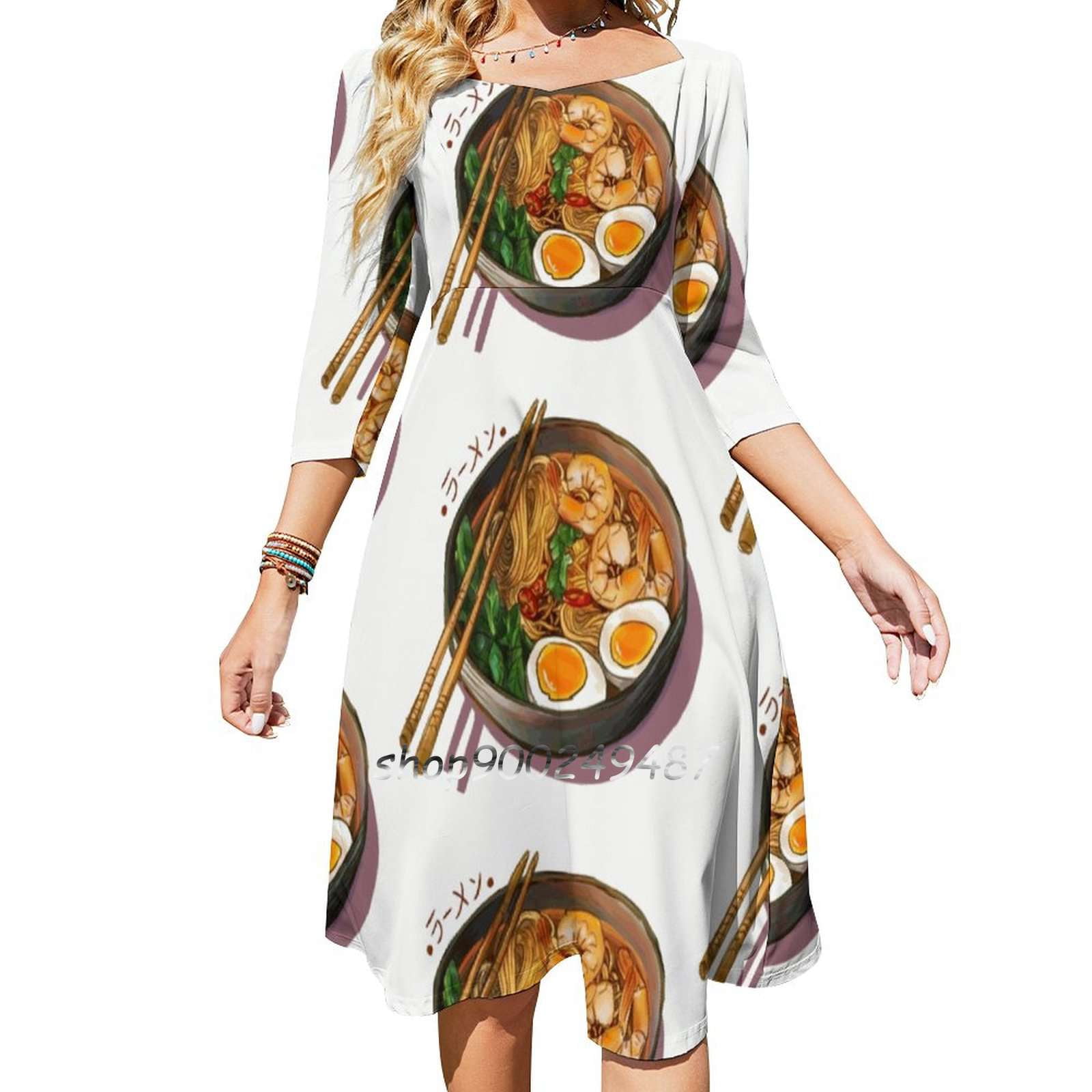 Japanses Ramen Noodles Bowl Square Neck Dress Cute Loose Print Dresses ...