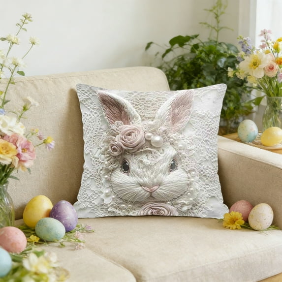 Japceit Easter Pillow Cover, Short Plush Embroidered Style Rabbit ...