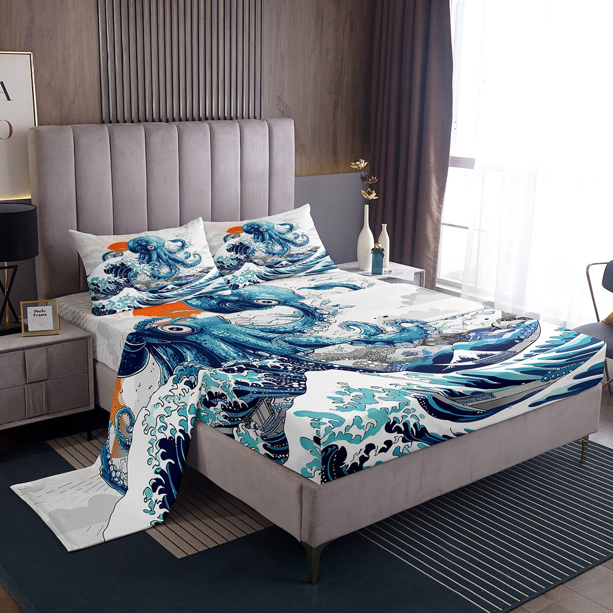 Japenese Octopus Bed Sheets Set for Kids Boys Girls,Retro Ocean Wave ...