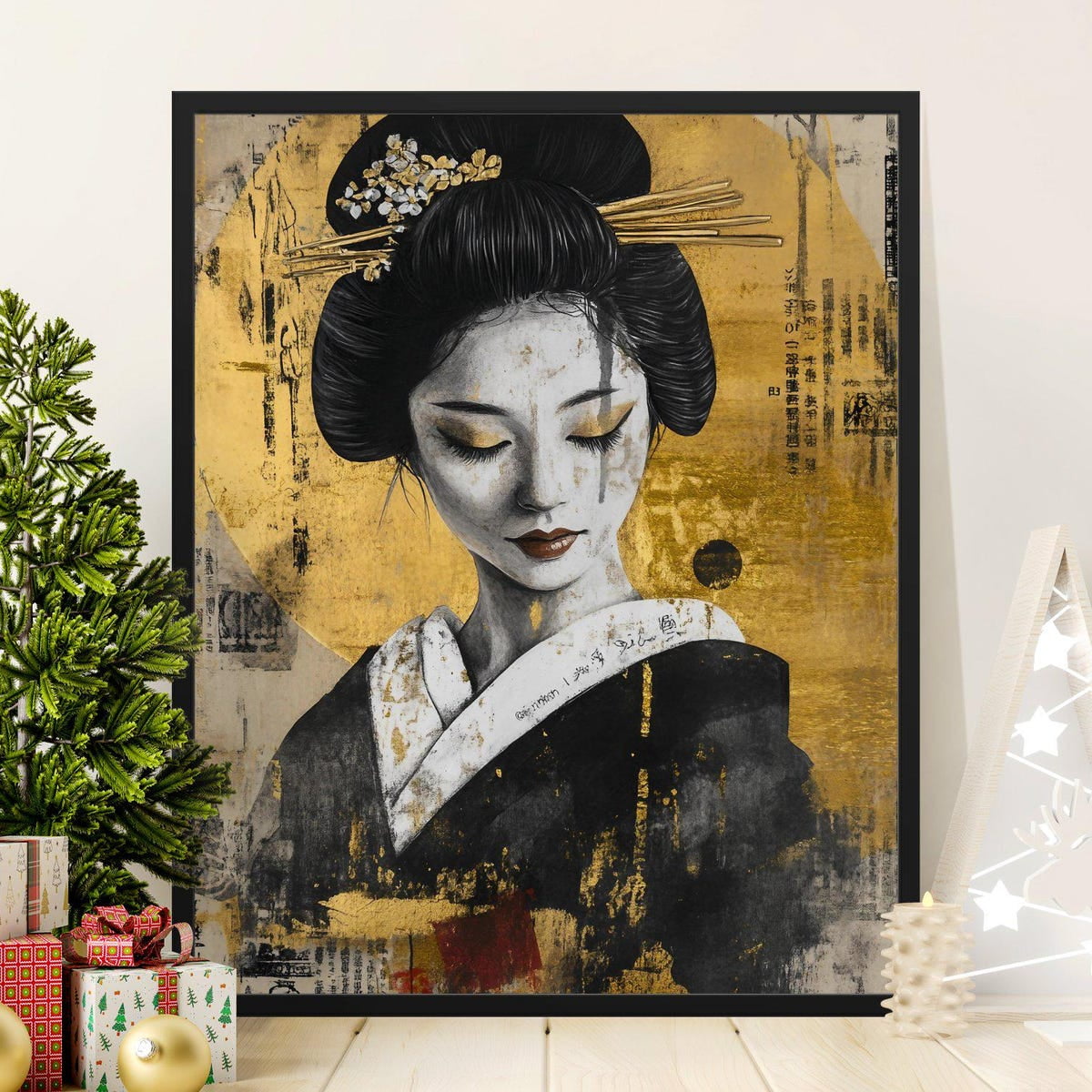 Japonesque Geisha Art Print, Golden Japanese Painting, Asian Wall Decor ...