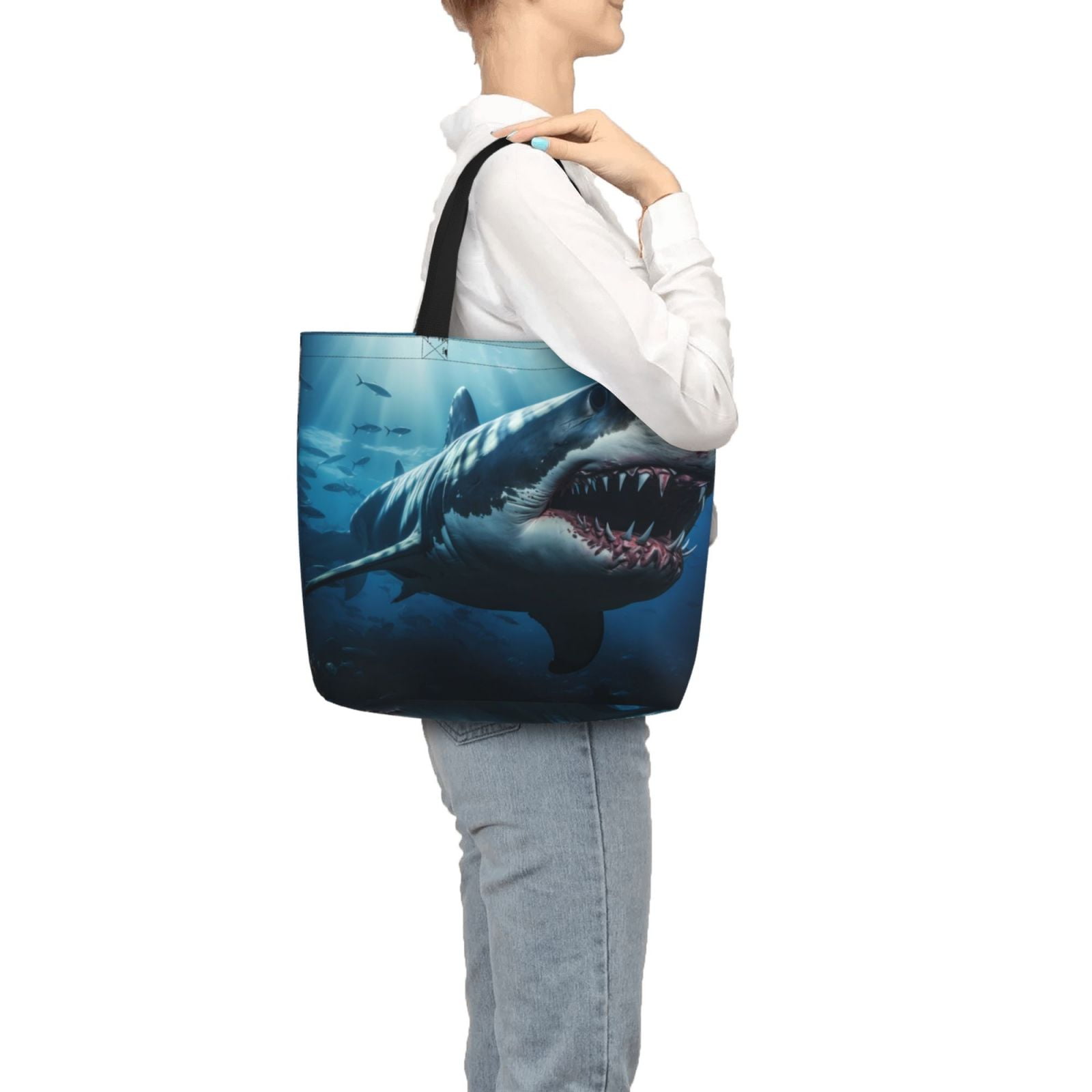 Japuie 3D Realistic Shark Print Tote Bags, Shoulder Bag with Zipper ...