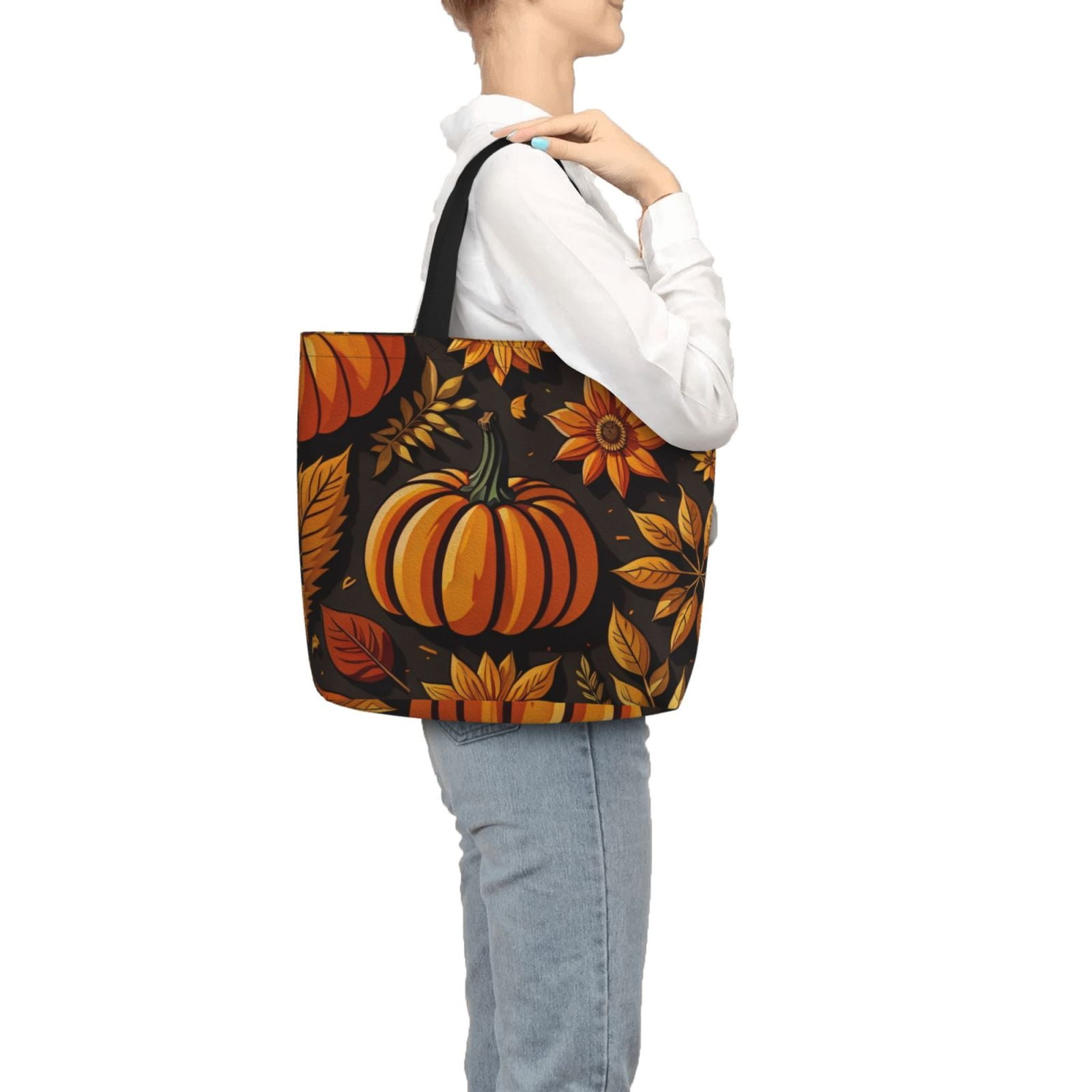 Japuie Autumn Pumpkin Leaves Print Tote Bags, Shoulder Bag with Zipper ...