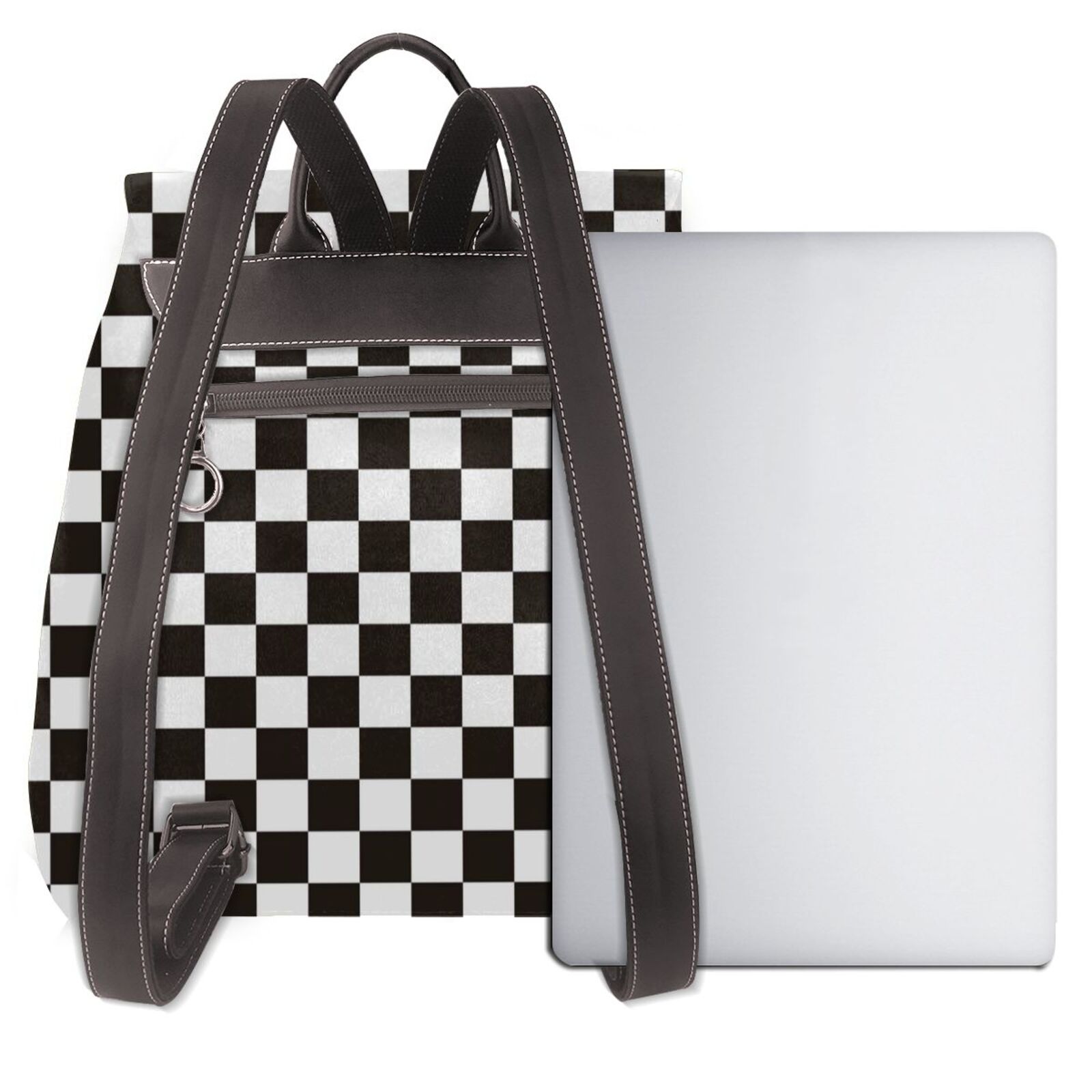Japuie Black and White Checkerboard Print Women's Leather Backpack, Leather Drawstring Casual ...