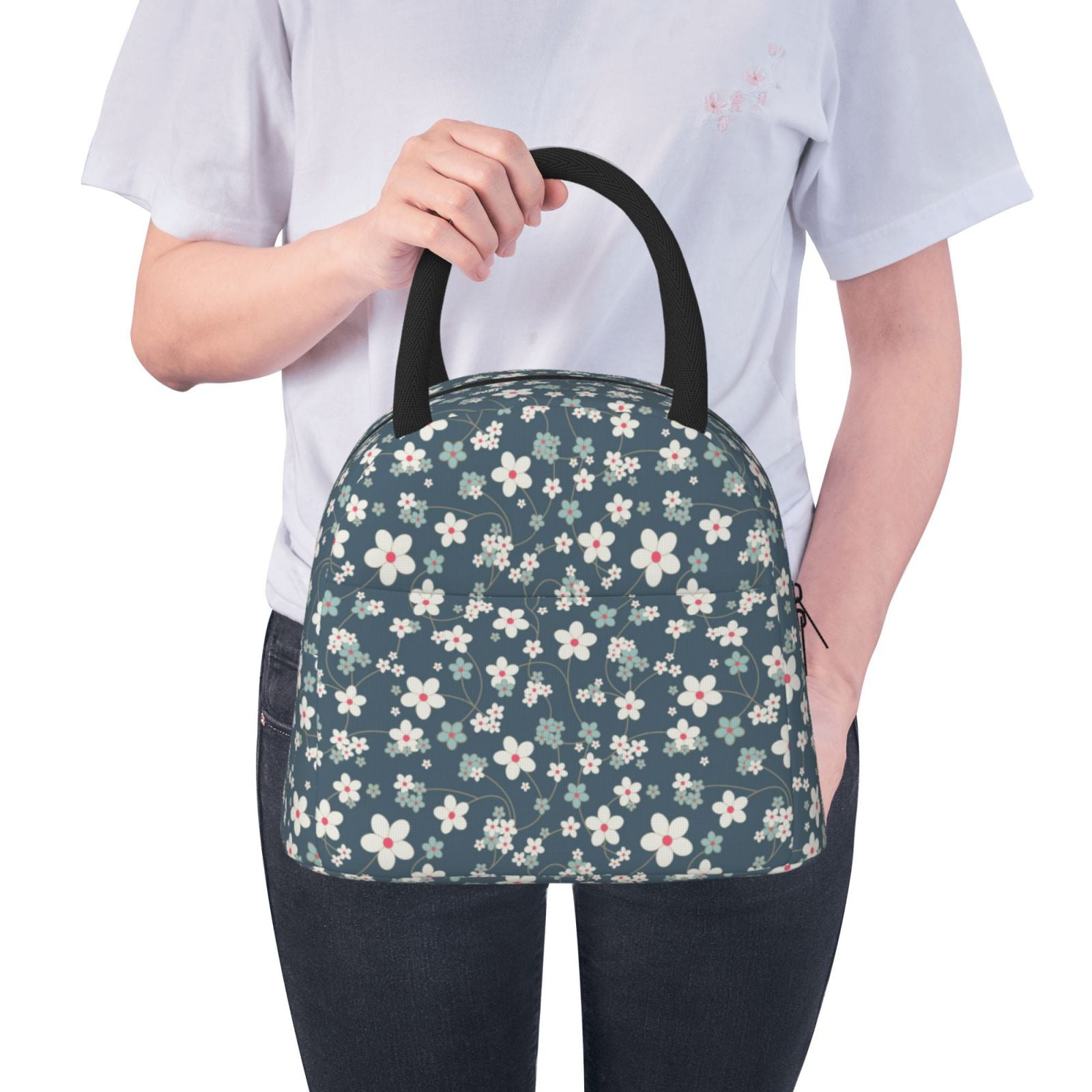 Japuie Blue Flower Print Insulated Lunch Bag,Lunch Box for Women Men ...
