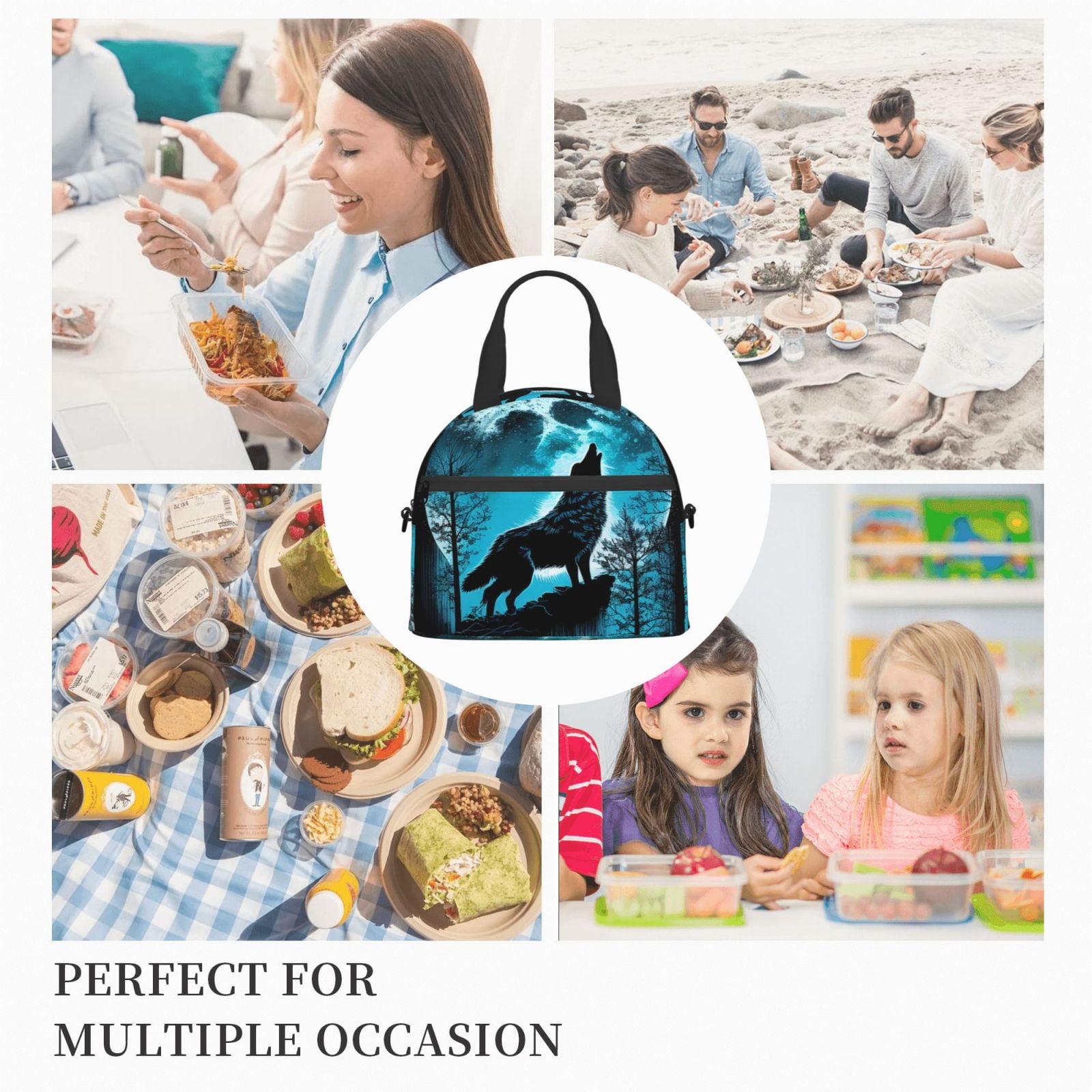 Japuie Blue Full Moon Wolf Print Insulated Lunch Bag for Women Men ...