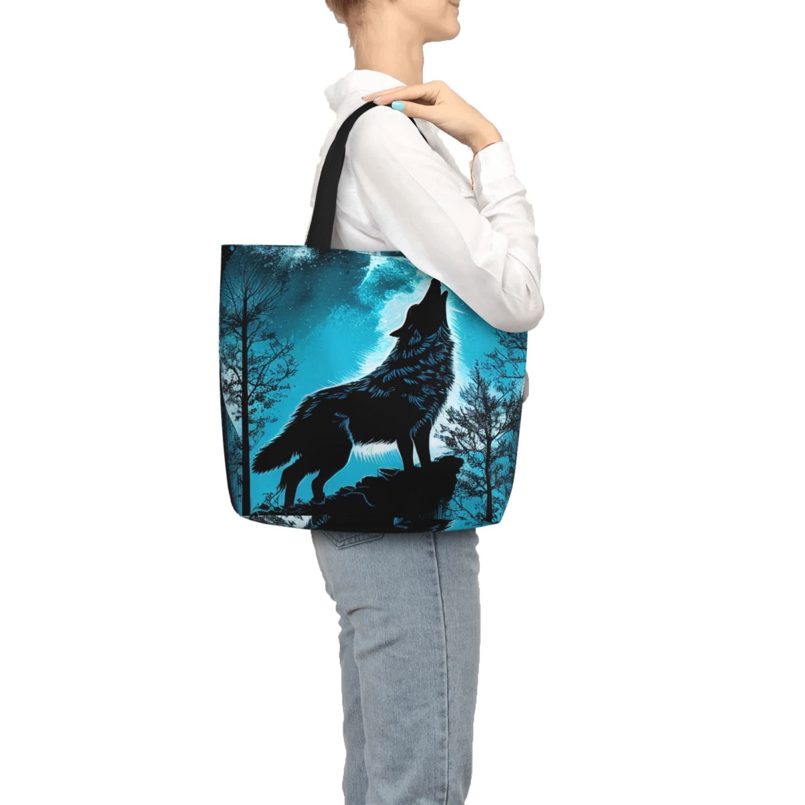 Japuie Blue Full Moon Wolf Print Tote Bags, Shoulder Bag with Zipper ...