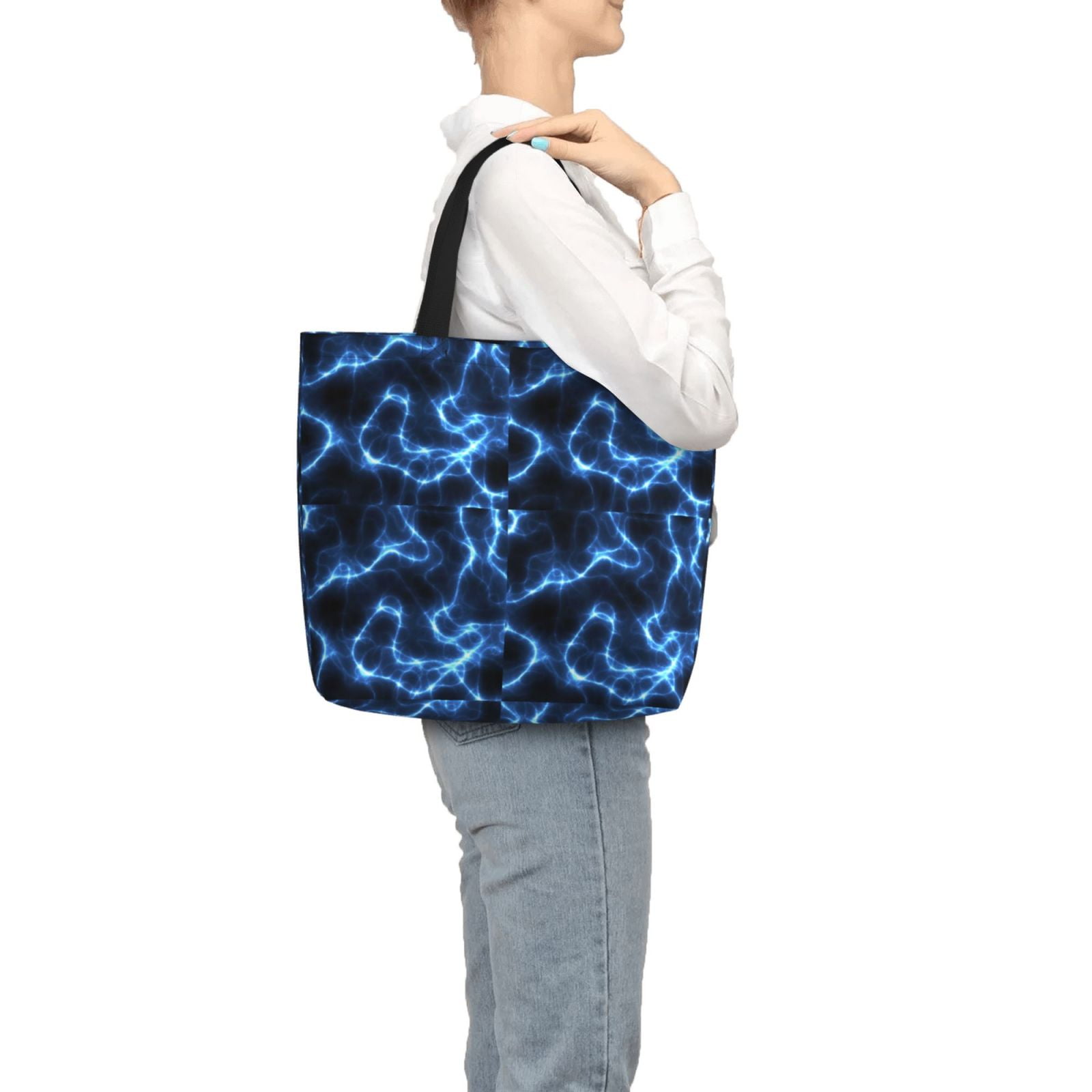 Japuie Blue Lightning Print Tote Bags, Shoulder Bag with Zipper Closure ...