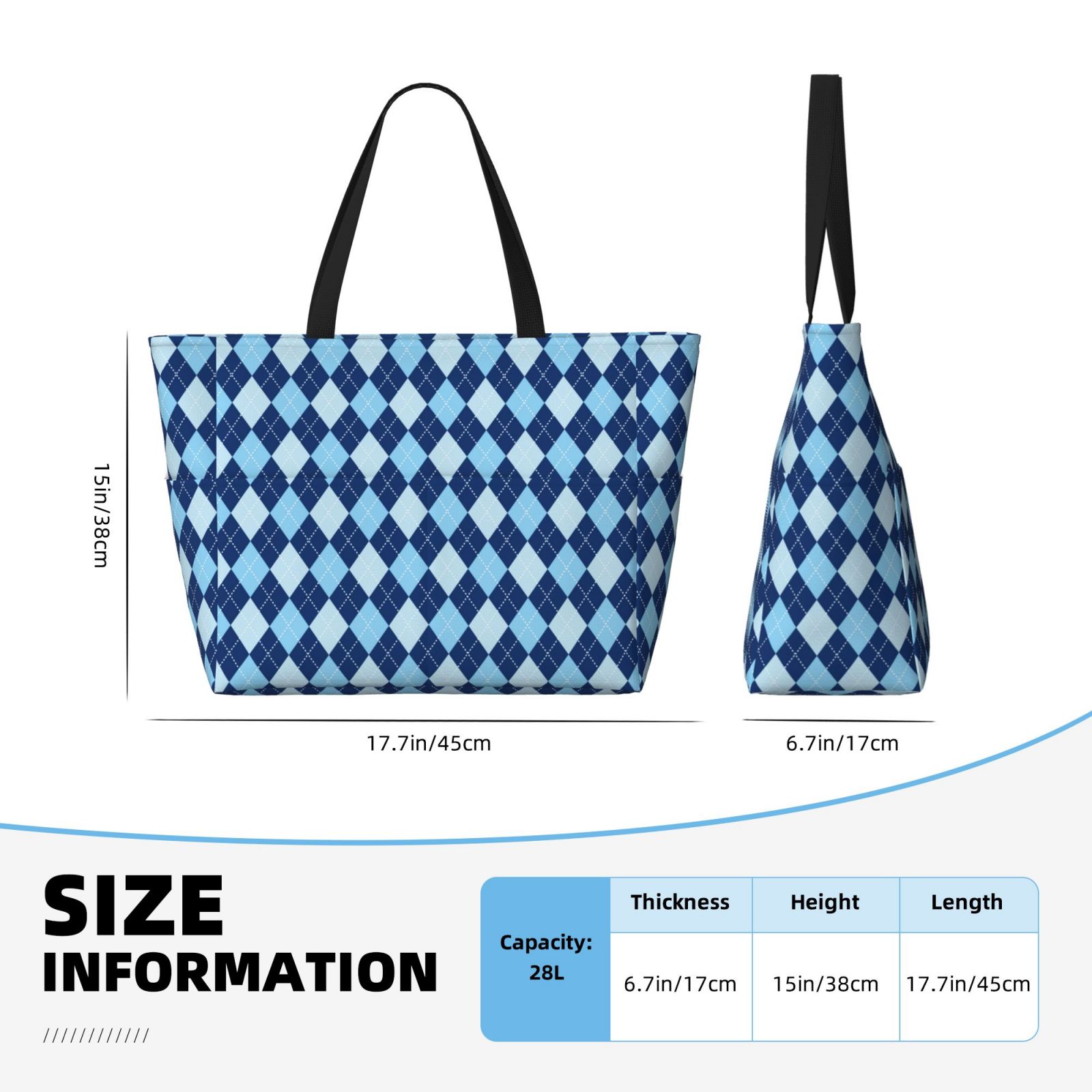 Japuie Blue Squares Print Large Capacity Beach Travel Bag,Waterproof ...