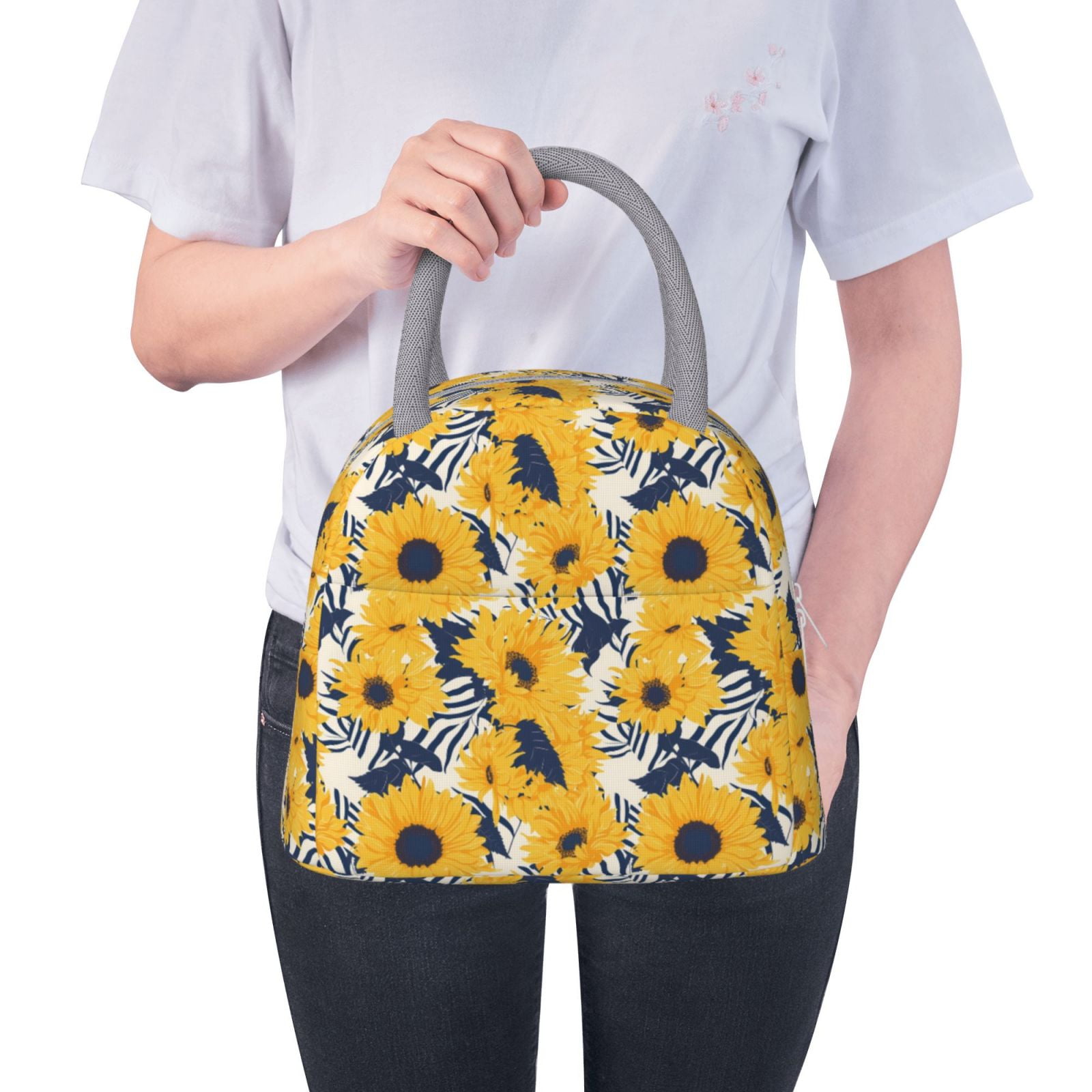 Japuie Blue Striped Sunflower Print Insulated Lunch Bag,Lunch Box for ...