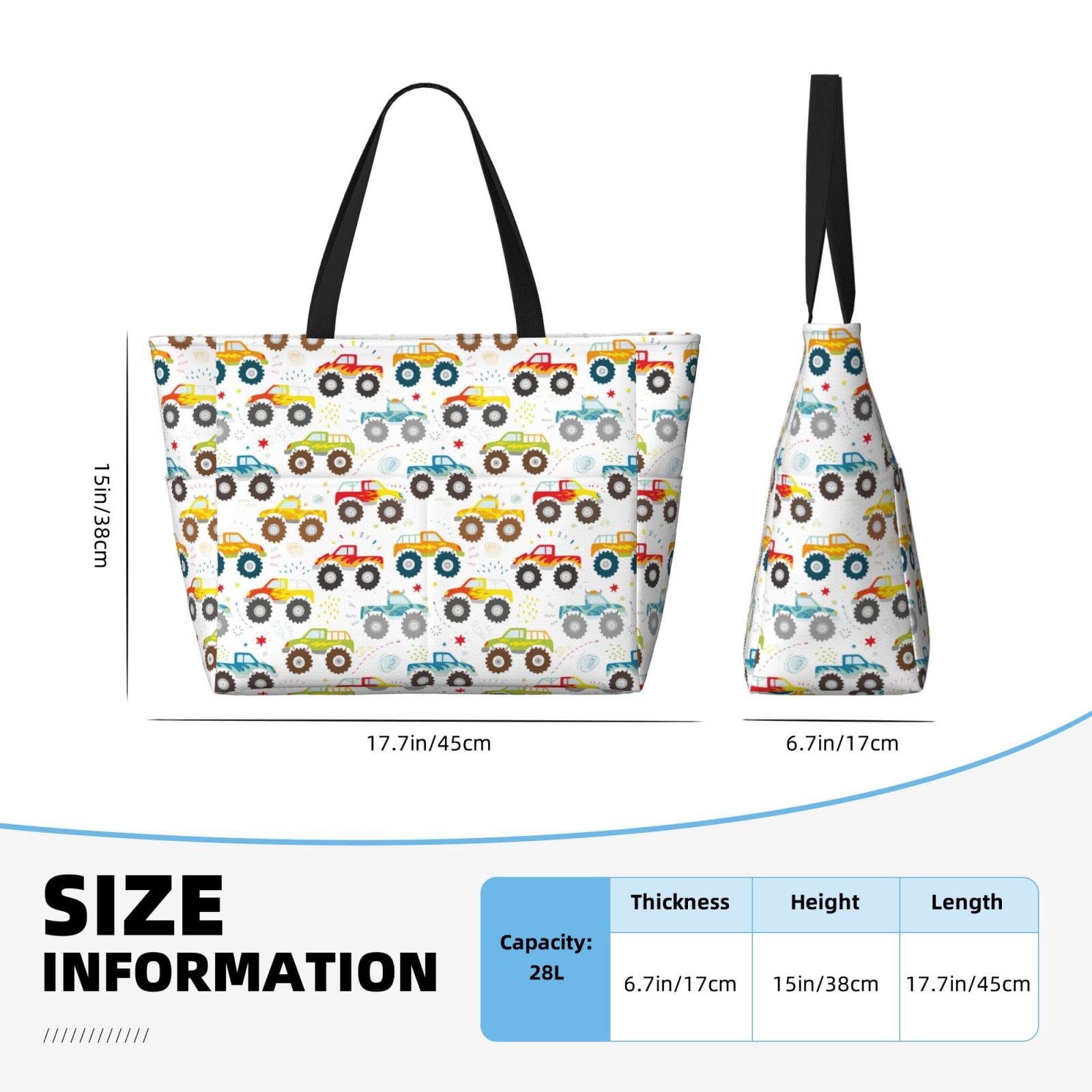 Japuie Cartoon Monster Trucks Print Large Capacity Beach Travel Bag ...