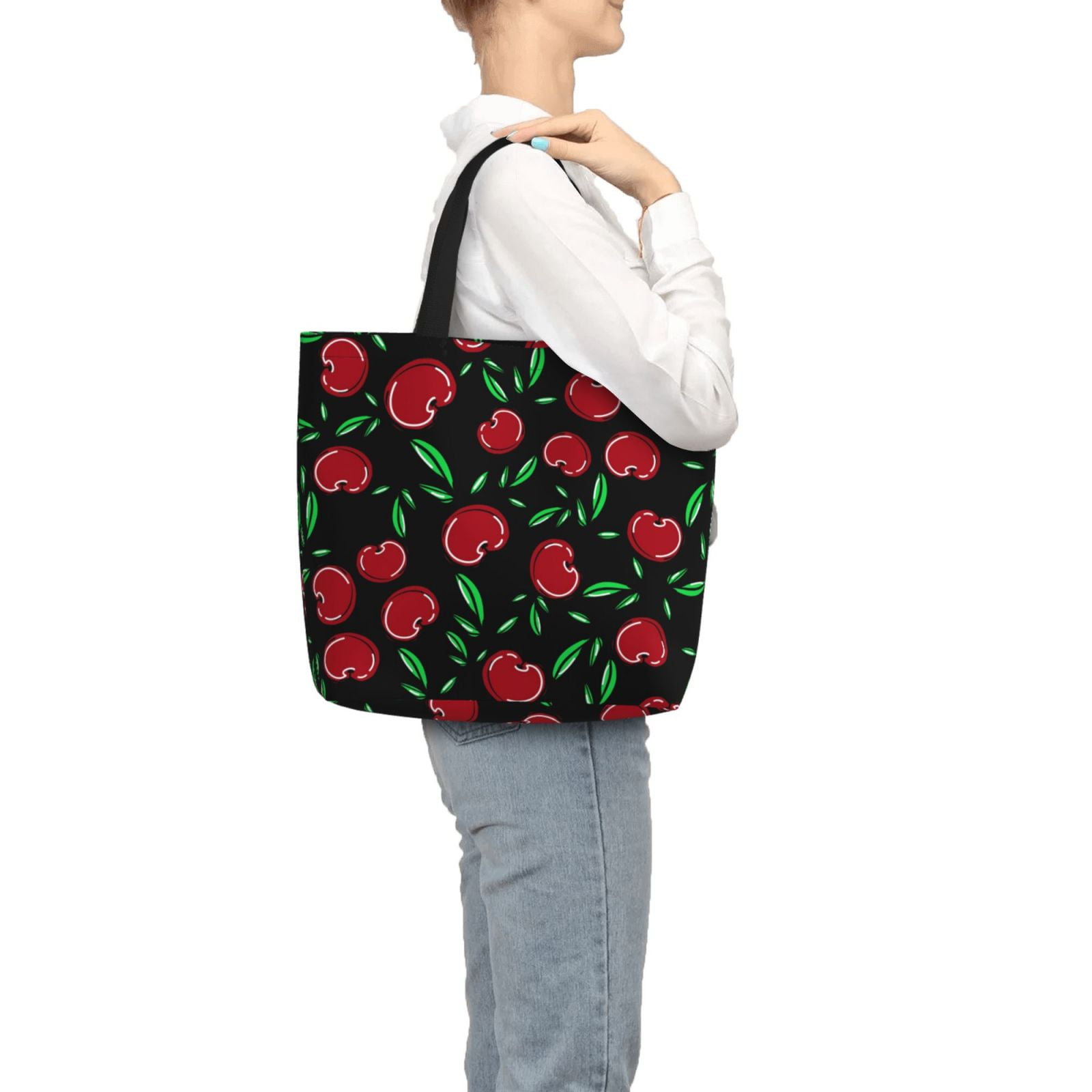 Japuie Cherry Print Tote Bags, Shoulder Bag with Zipper Closure, Top ...