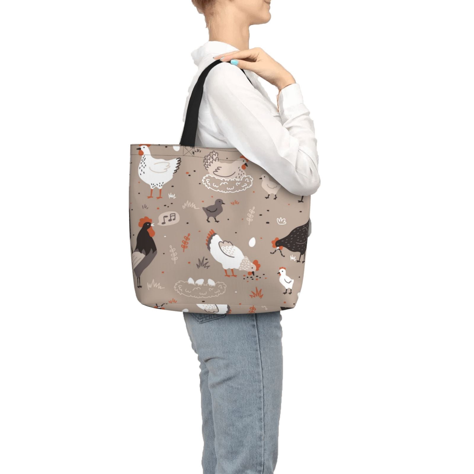 Japuie Chicken Print Tote Bags, Shoulder Bag with Zipper Closure, Top ...