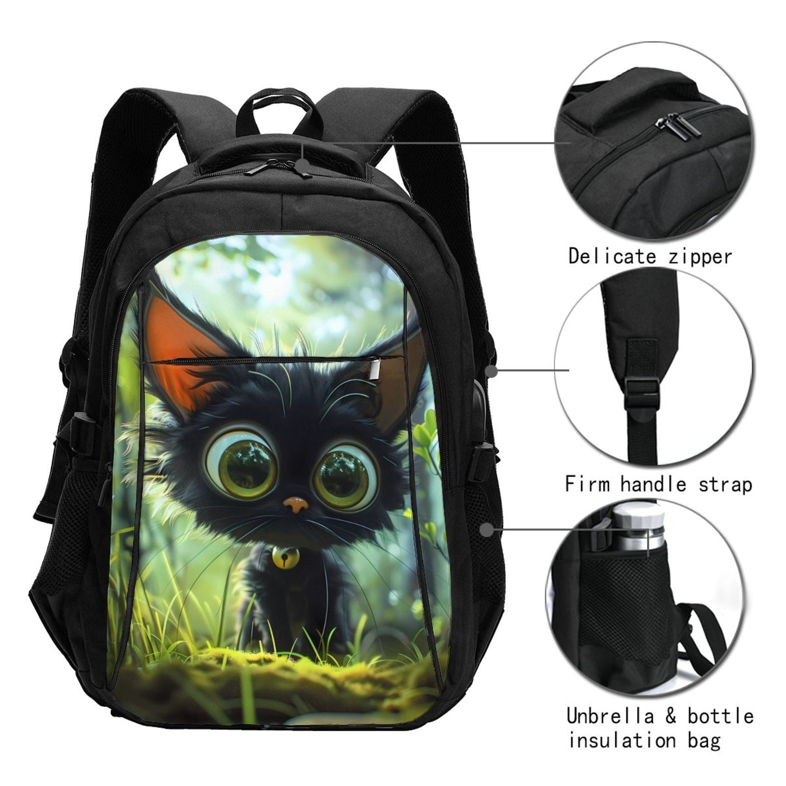 Japuie Cute Big-Eyed Black Cat Print Laptop Backpack,Business Travel ...