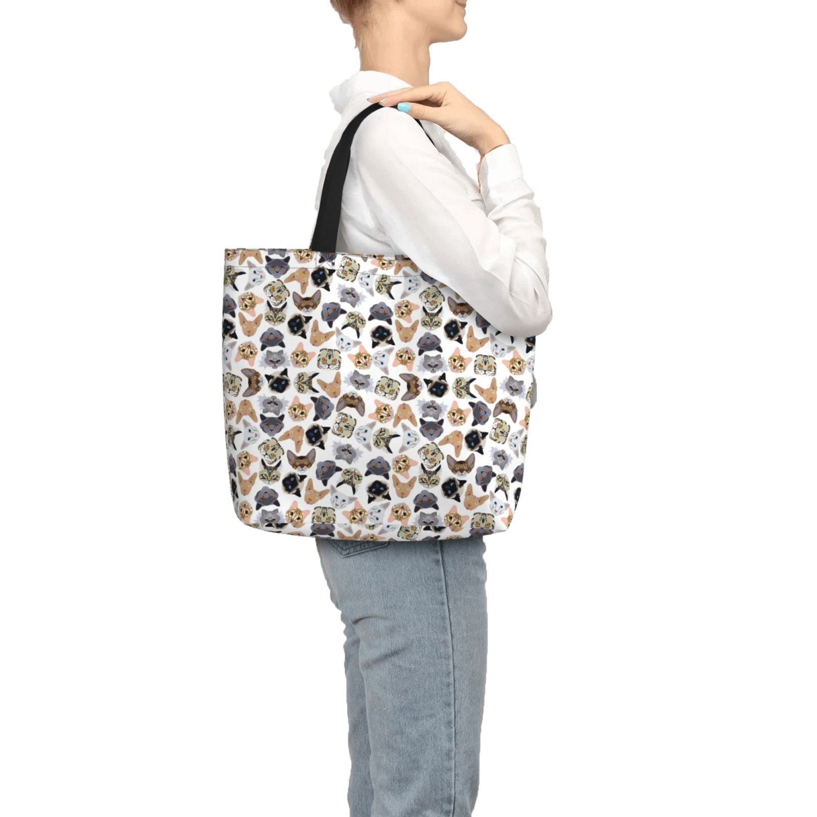 Japuie Cute Cats Print Tote Bags, Shoulder Bag with Zipper Closure, Top ...