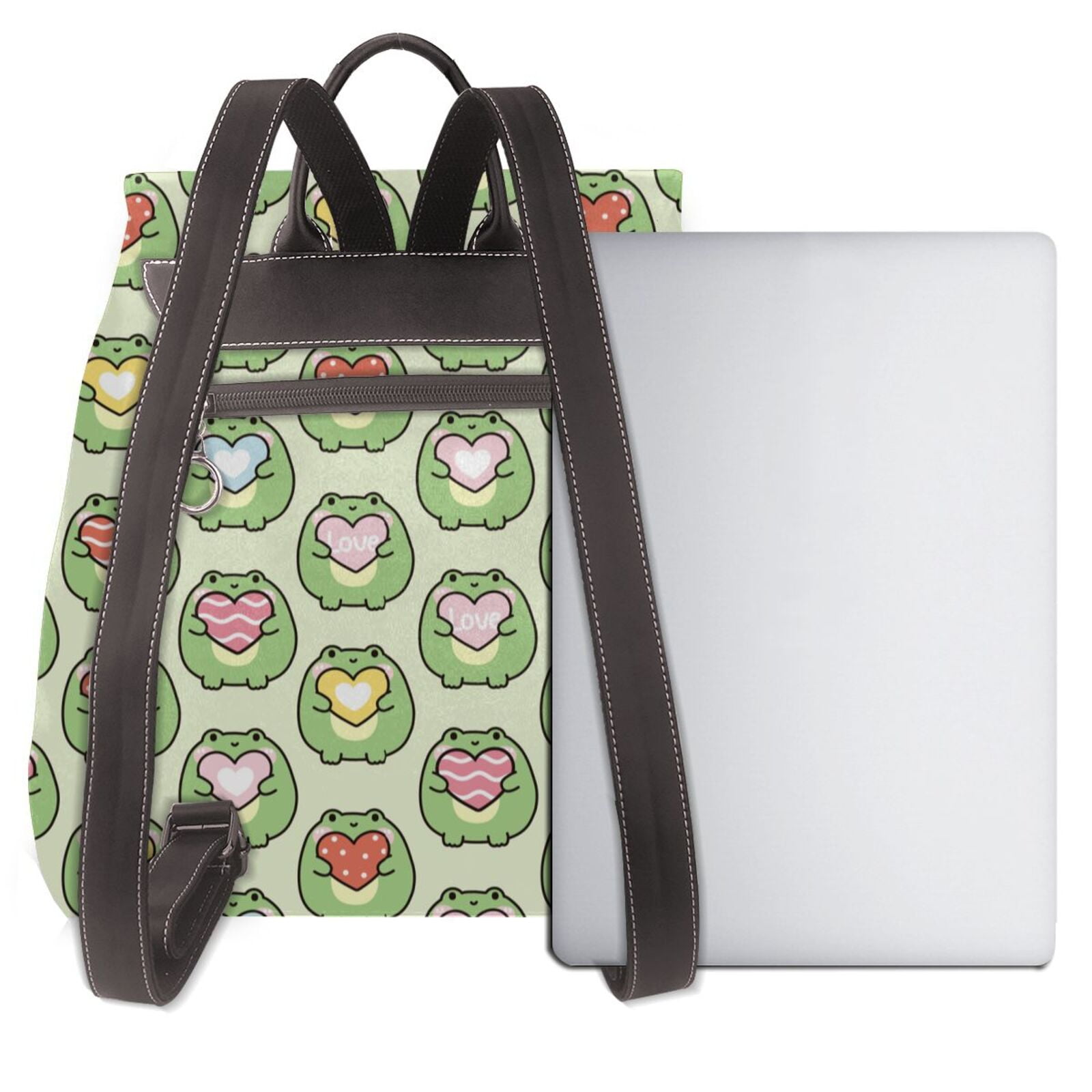 Japuie Cute Chubby Frog Print Women's Leather Backpack, Leather ...