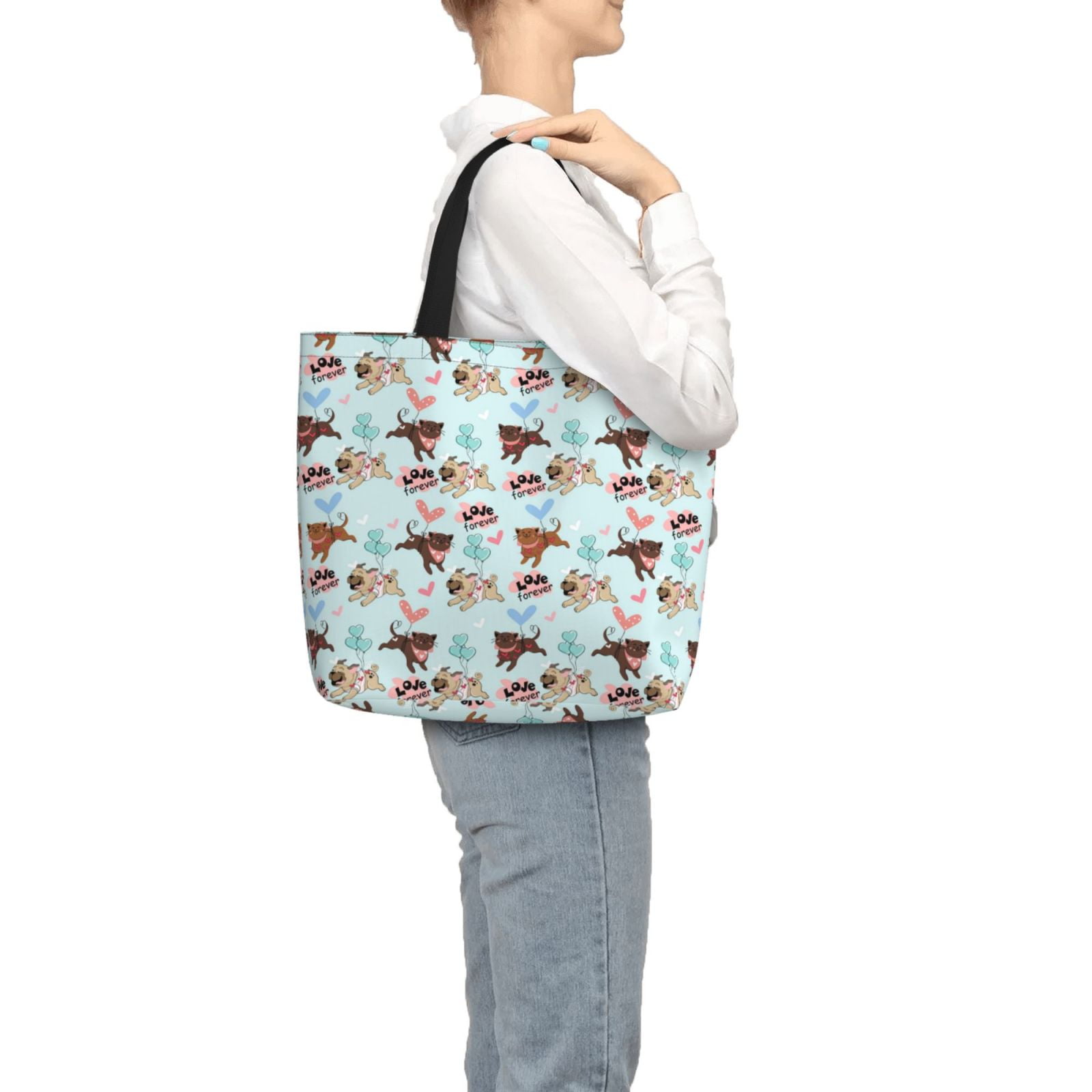 Japuie Cute Pug Dogs Print Tote Bags, Shoulder Bag with Zipper Closure ...