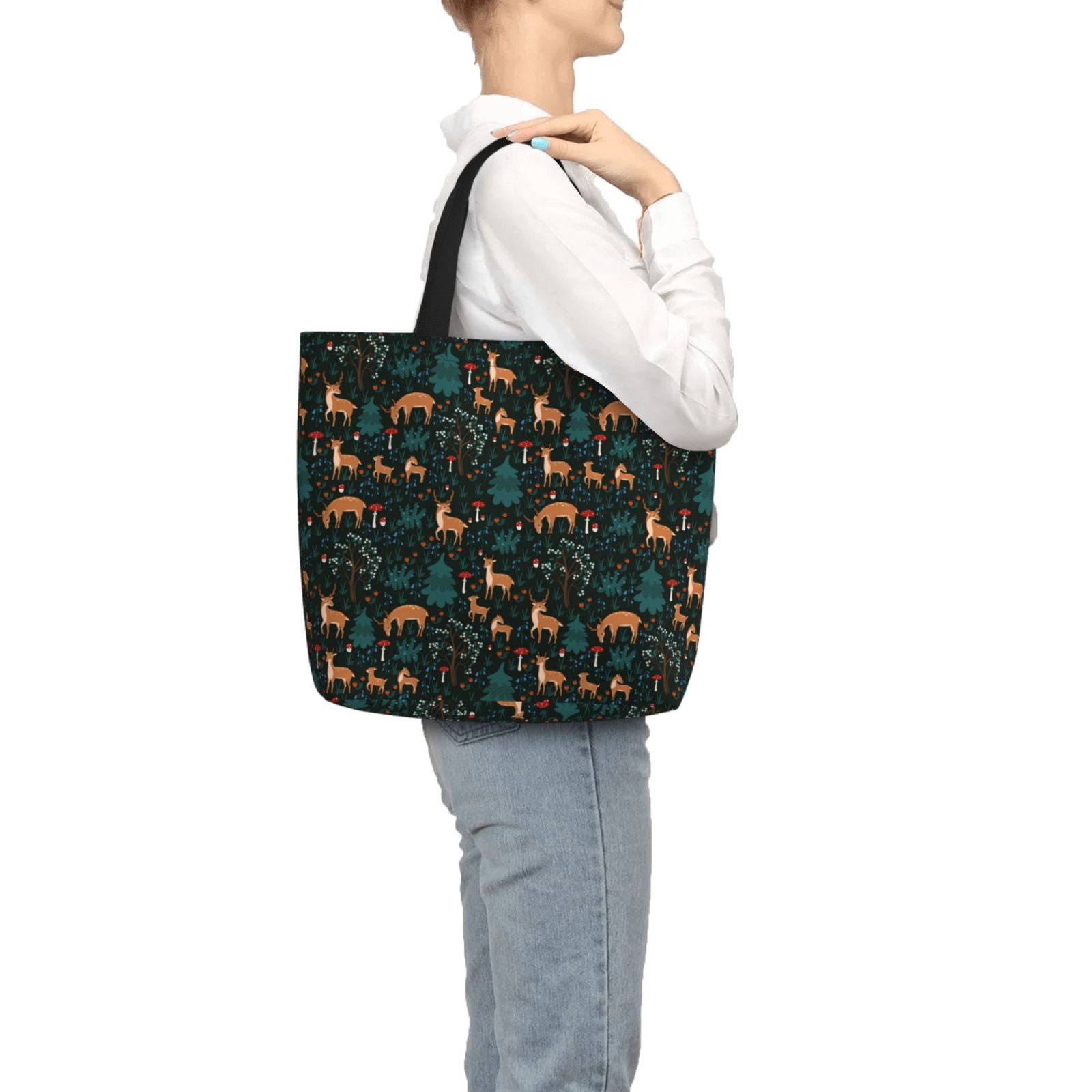 Japuie Deers In The Forest Print Tote Bags, Shoulder Bag with Zipper ...
