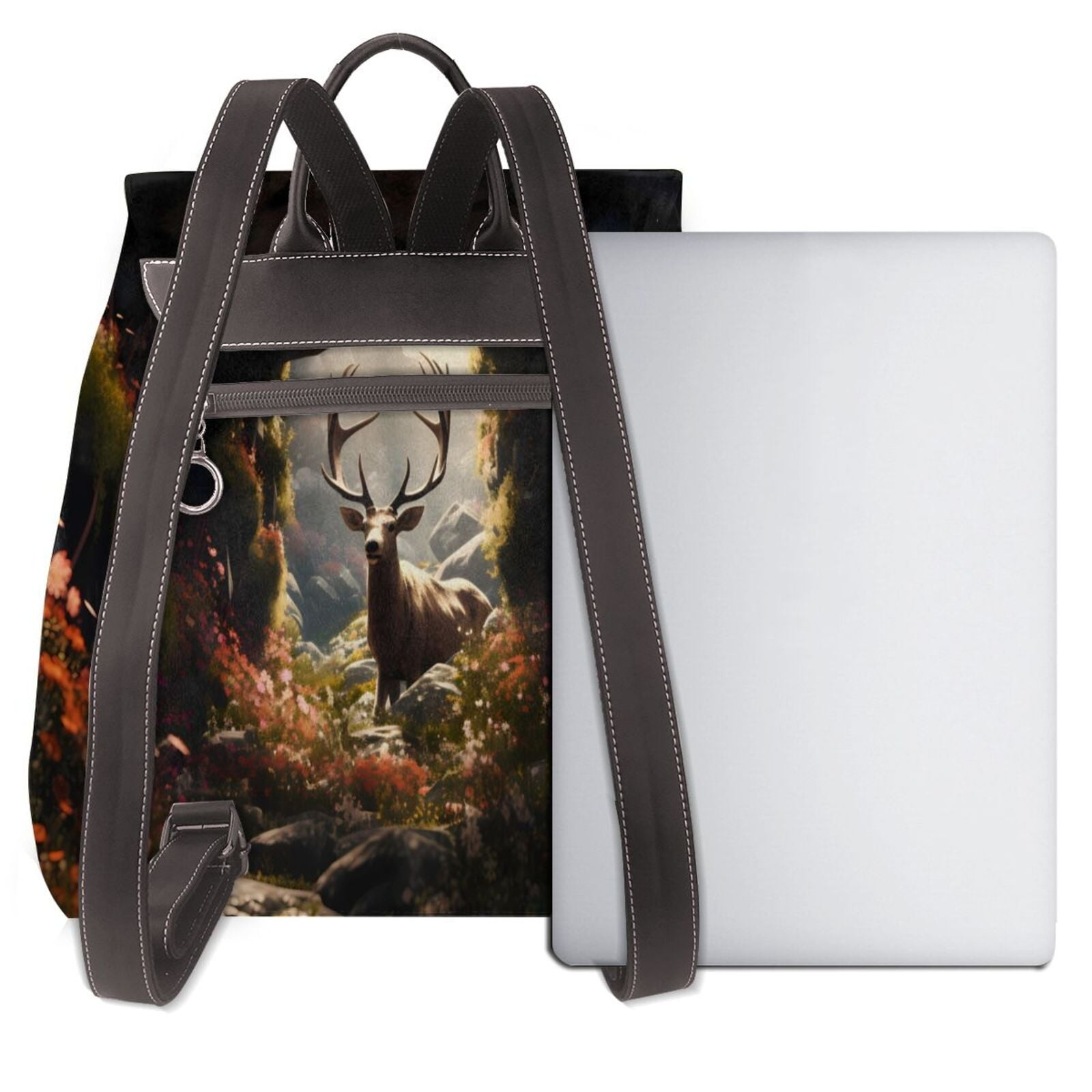 Japuie Enchanted Deer In Cave Print Women's Leather Backpack, Leather ...
