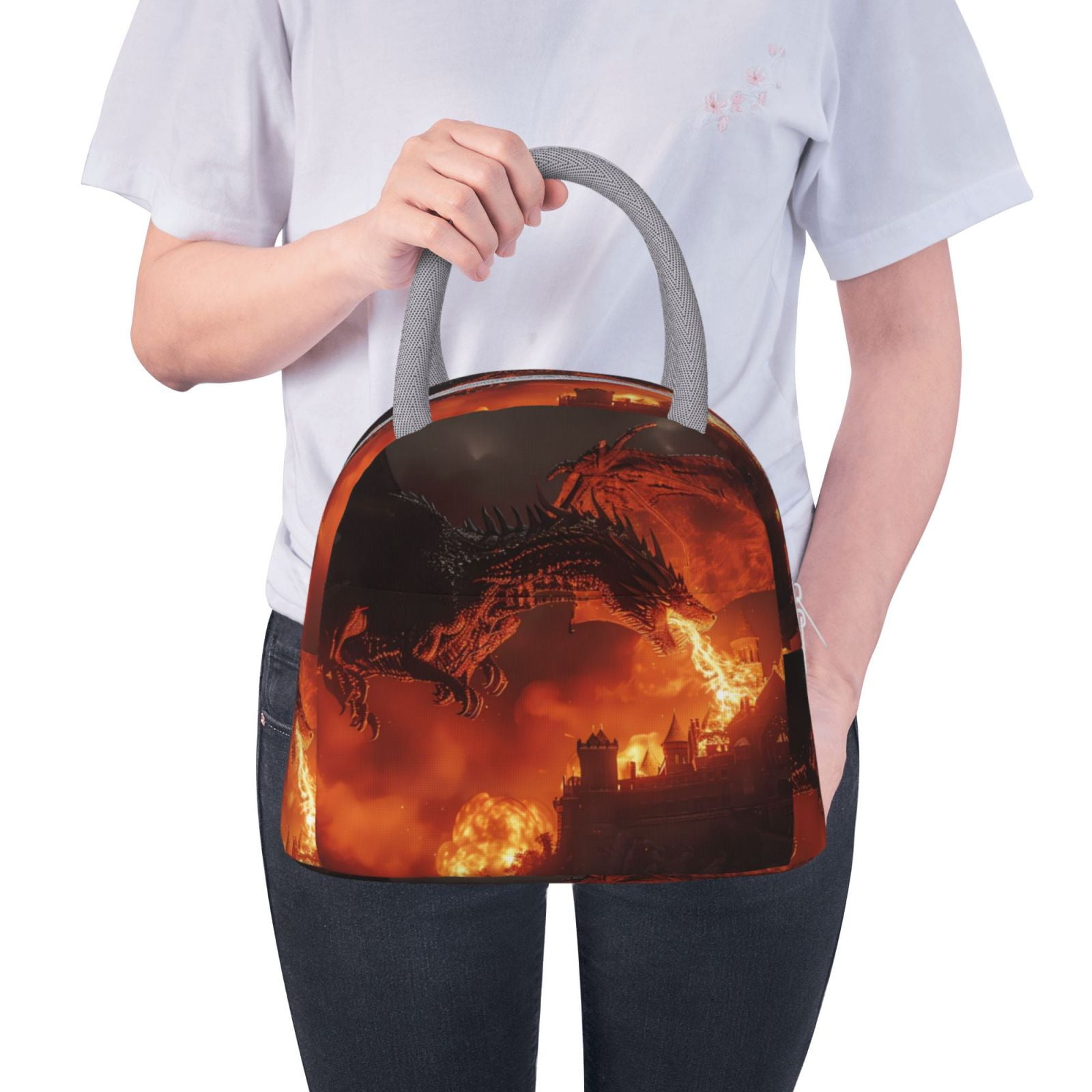 Japuie Fiery Dragons Castle Attack Print Insulated Lunch Bag,Lunch Box ...