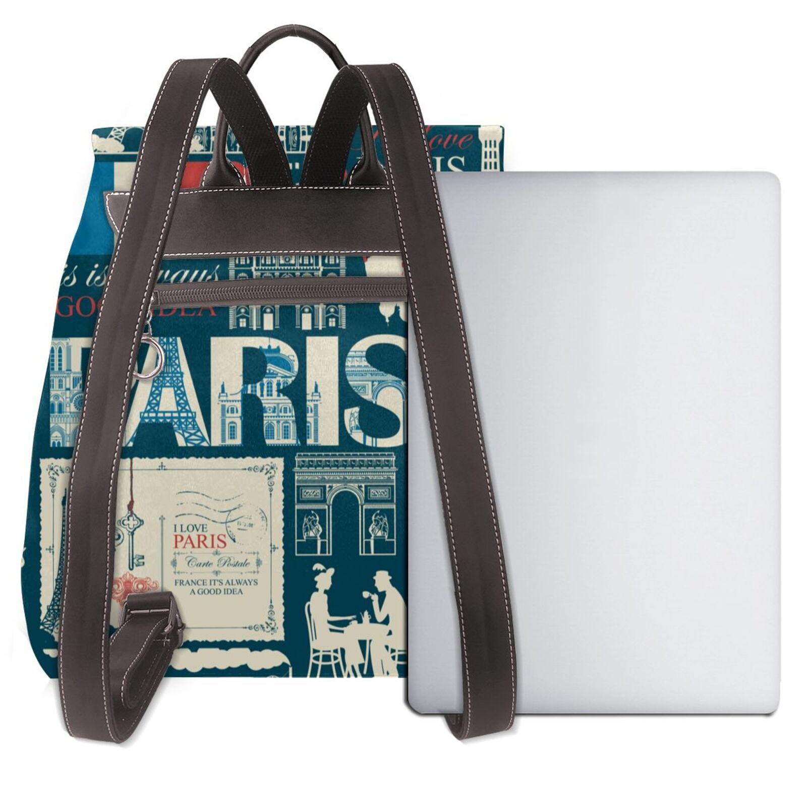 Japuie France and Paris Print Women's Leather Backpack, Leather ...