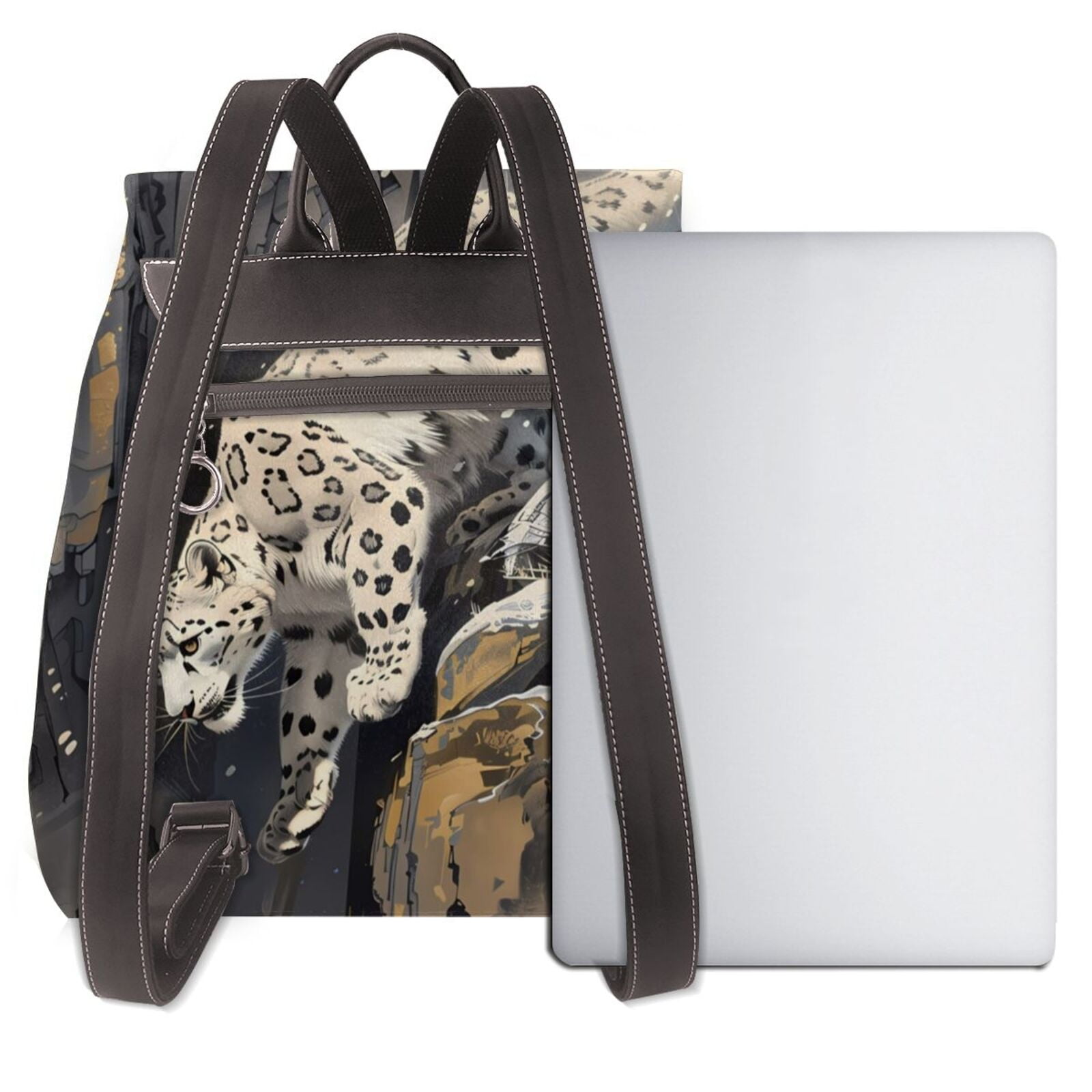 Japuie Graceful Snow Leopard Print Women's Leather Backpack, Leather ...