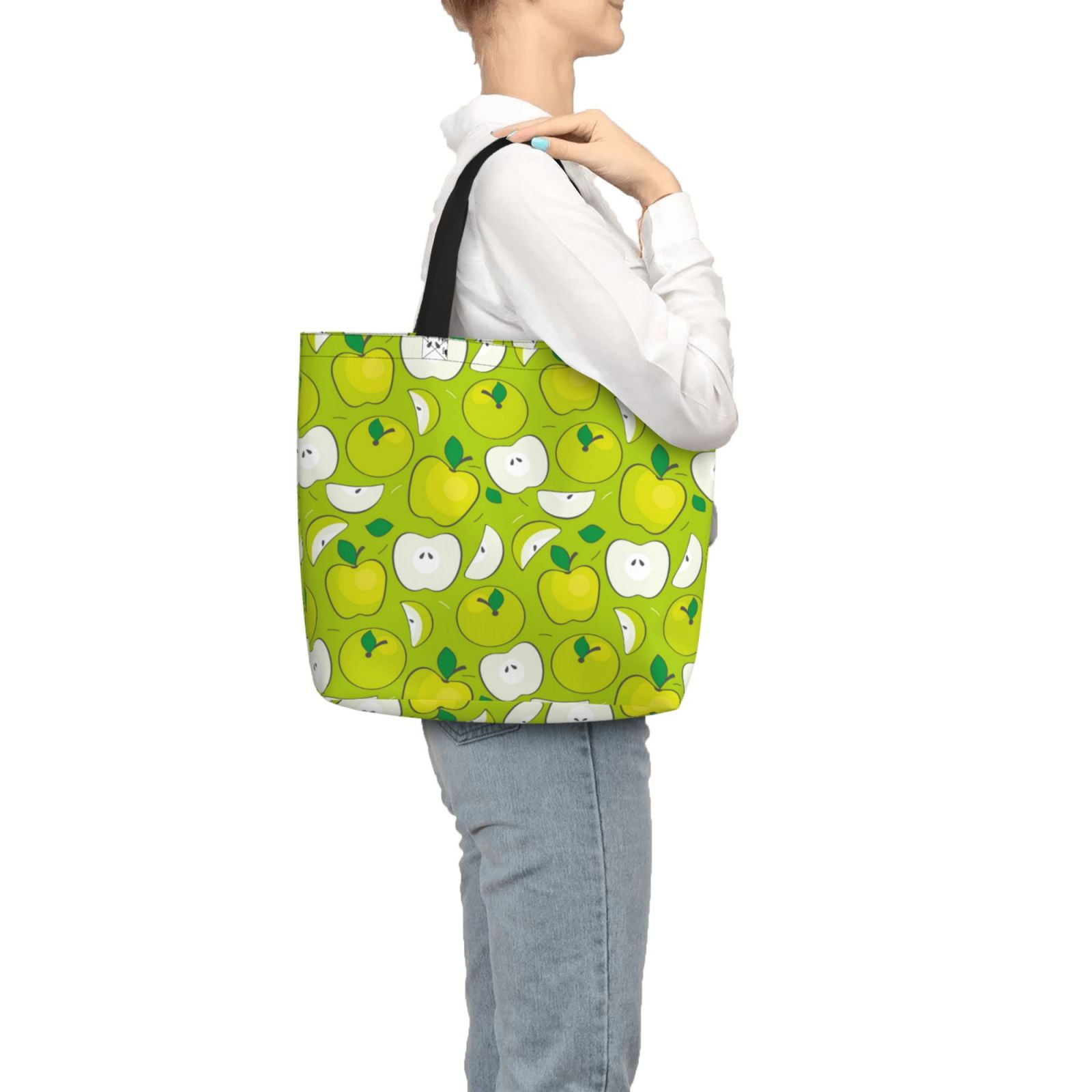 Japuie Green Apple Print Tote Bags, Shoulder Bag with Zipper Closure ...